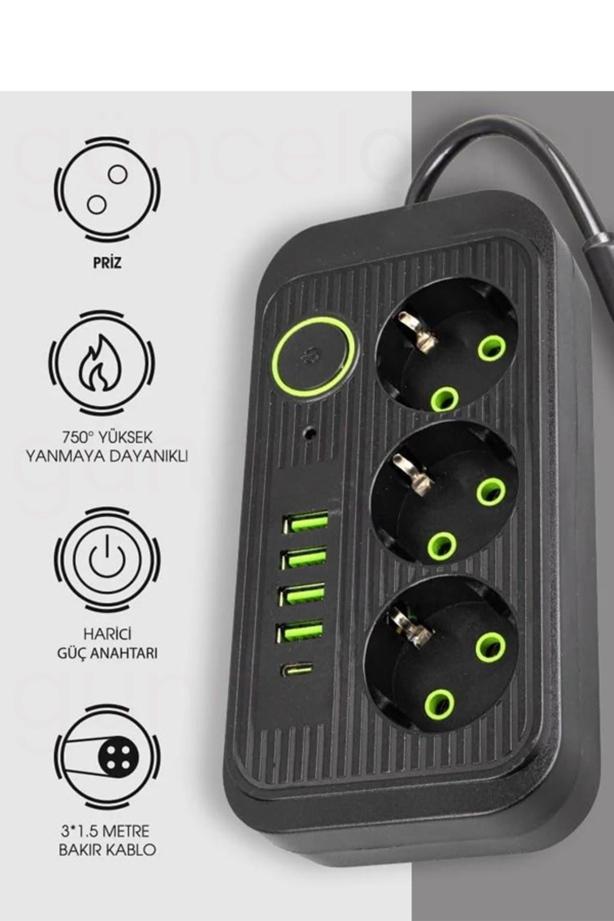 GüncelÇarşı Akım Korumalı 3'lü Çoklu Priz, 4 Usb + 1 Type C Pd, 1.5 Mt ...