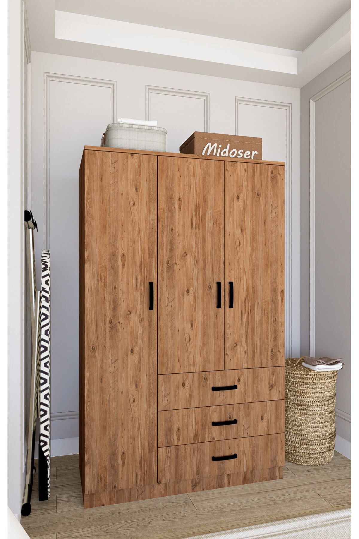 midoser Easy Atlantik Çam 3 Kapılı 3 Çekmeceli Çok Amaçlı Elbise Dolabı ...