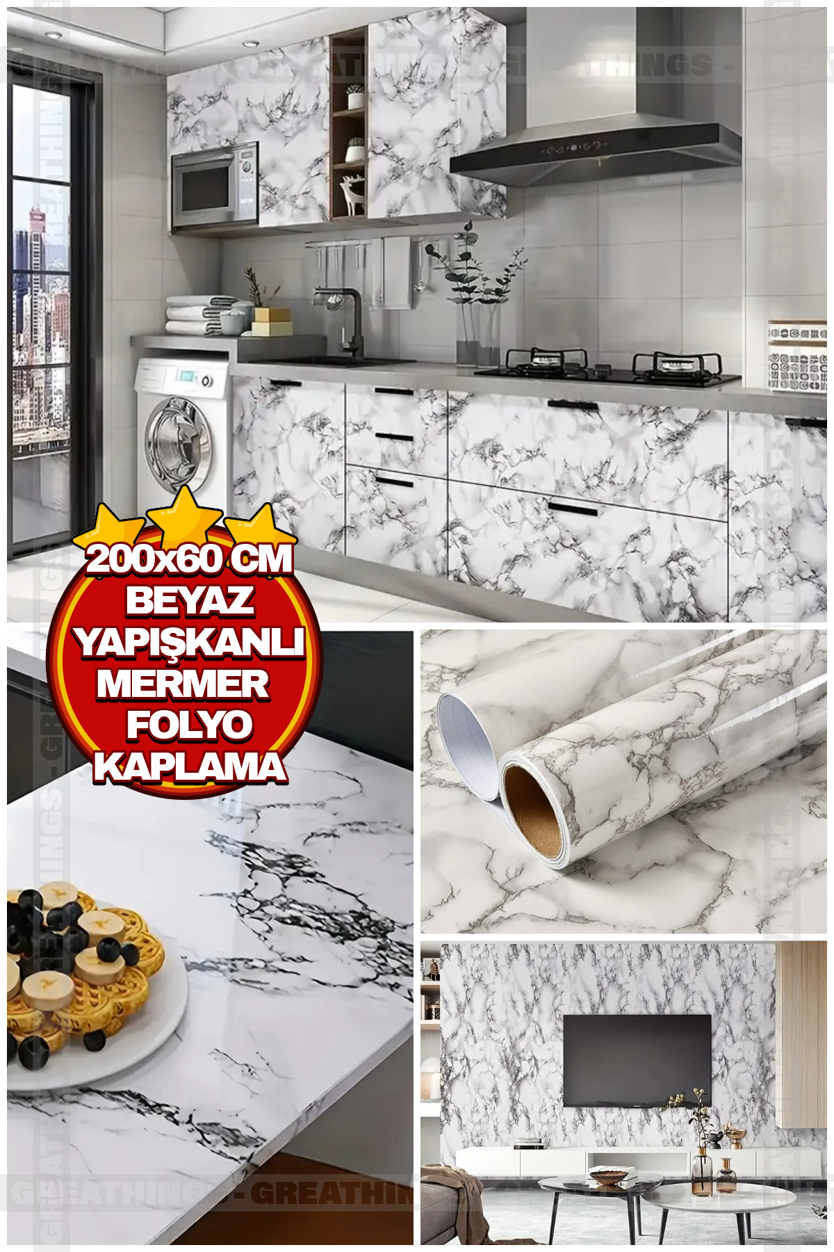 Greathings (60CMX2METRE) Mermer Desenli Beyaz Folyo Kaplama Tezgah ...