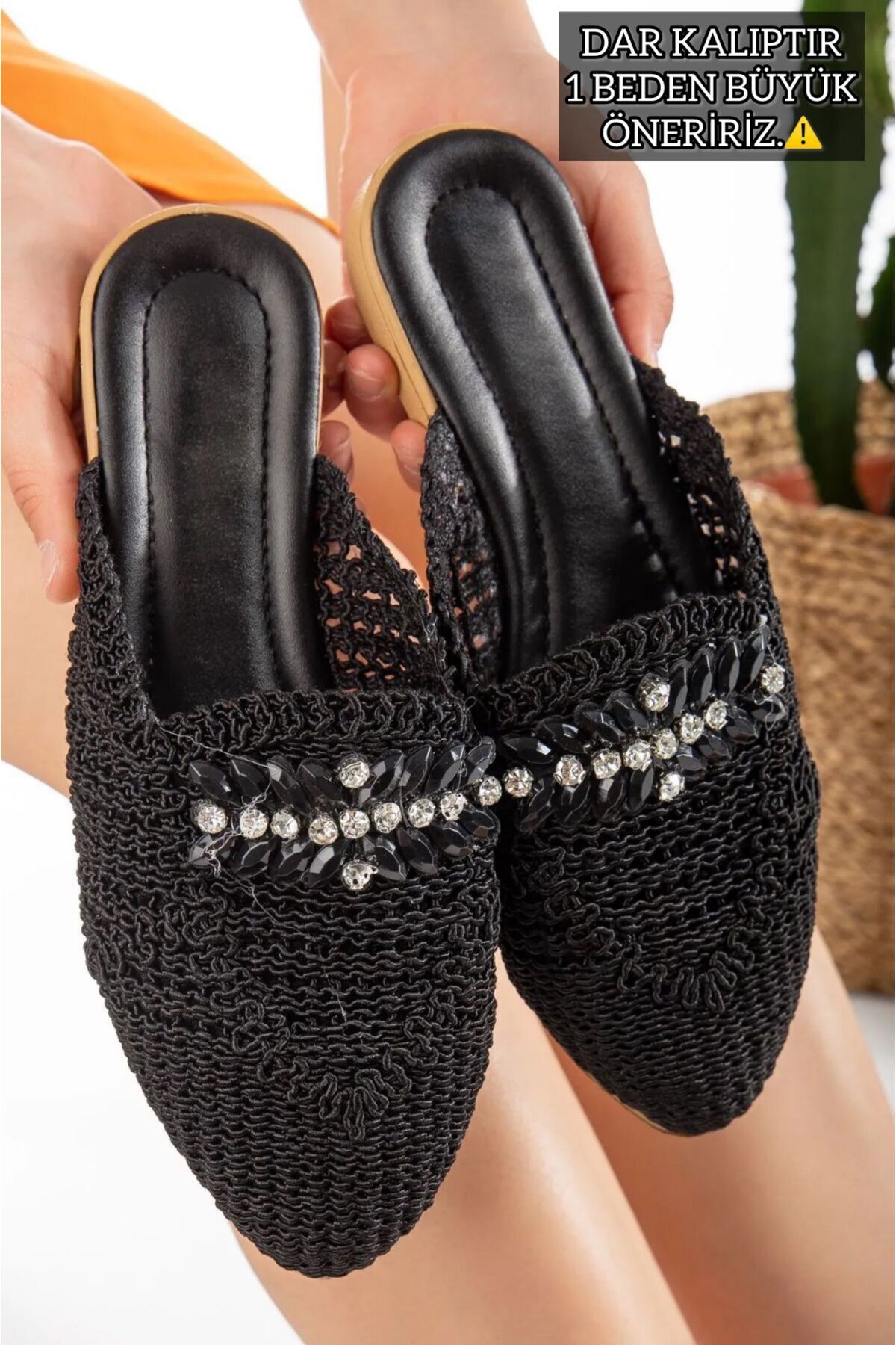 Slipcat Kadın Hasır Terlik Önü Kapalı Örgü Dantel Taş Detaylı Şık Yazlık Ev Plaj Tatil Terliği ...