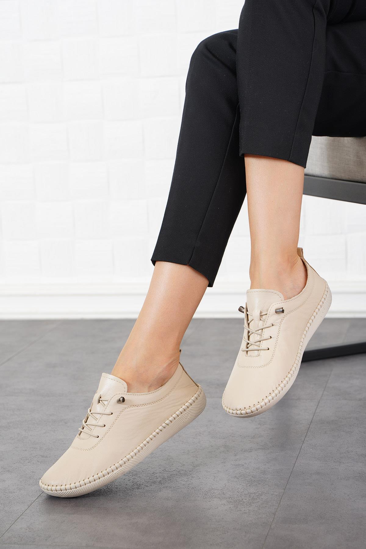 Moda Pie Negade Sole Stitched Genuine Leather Women's Shoes Beige Skin ...
