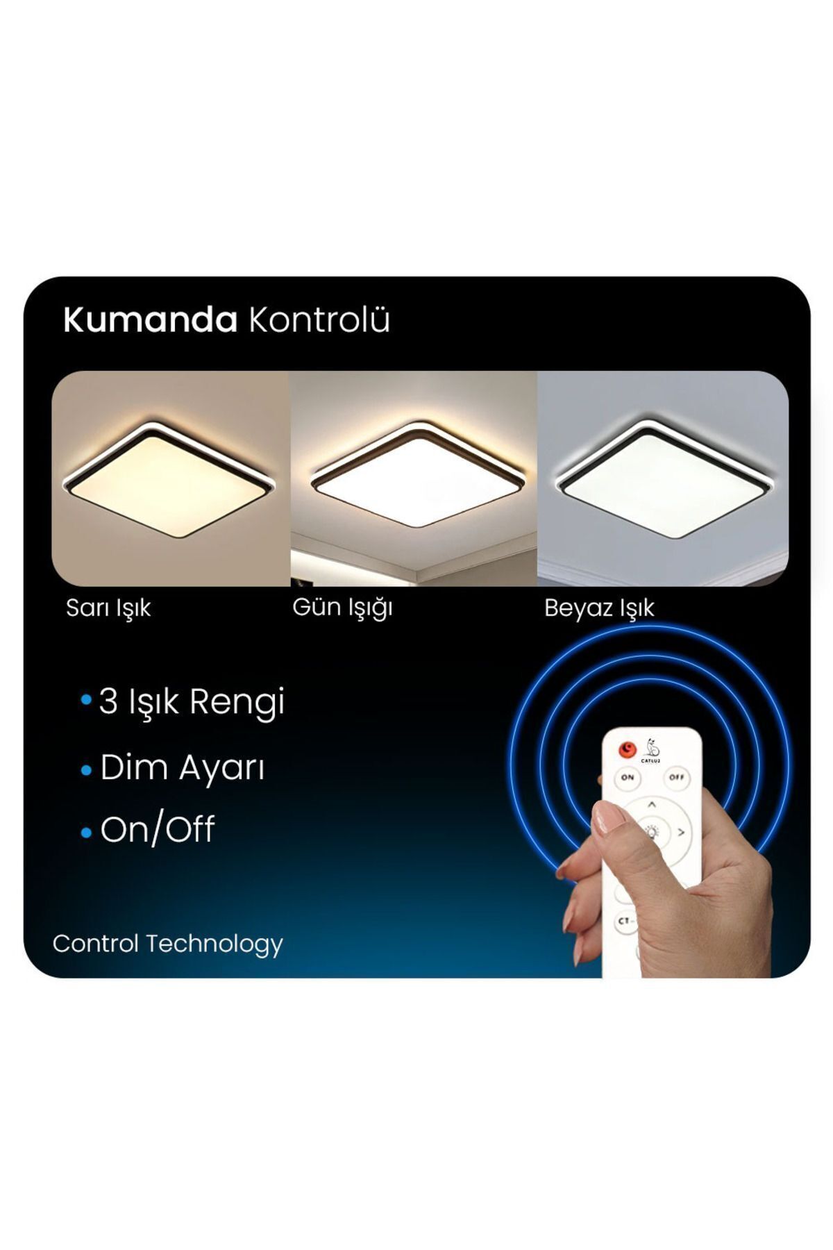 CATLUZ Siyah Kare Kumandalı Dimli 3 Işık Renkli 60x60cm Led Tavan ...