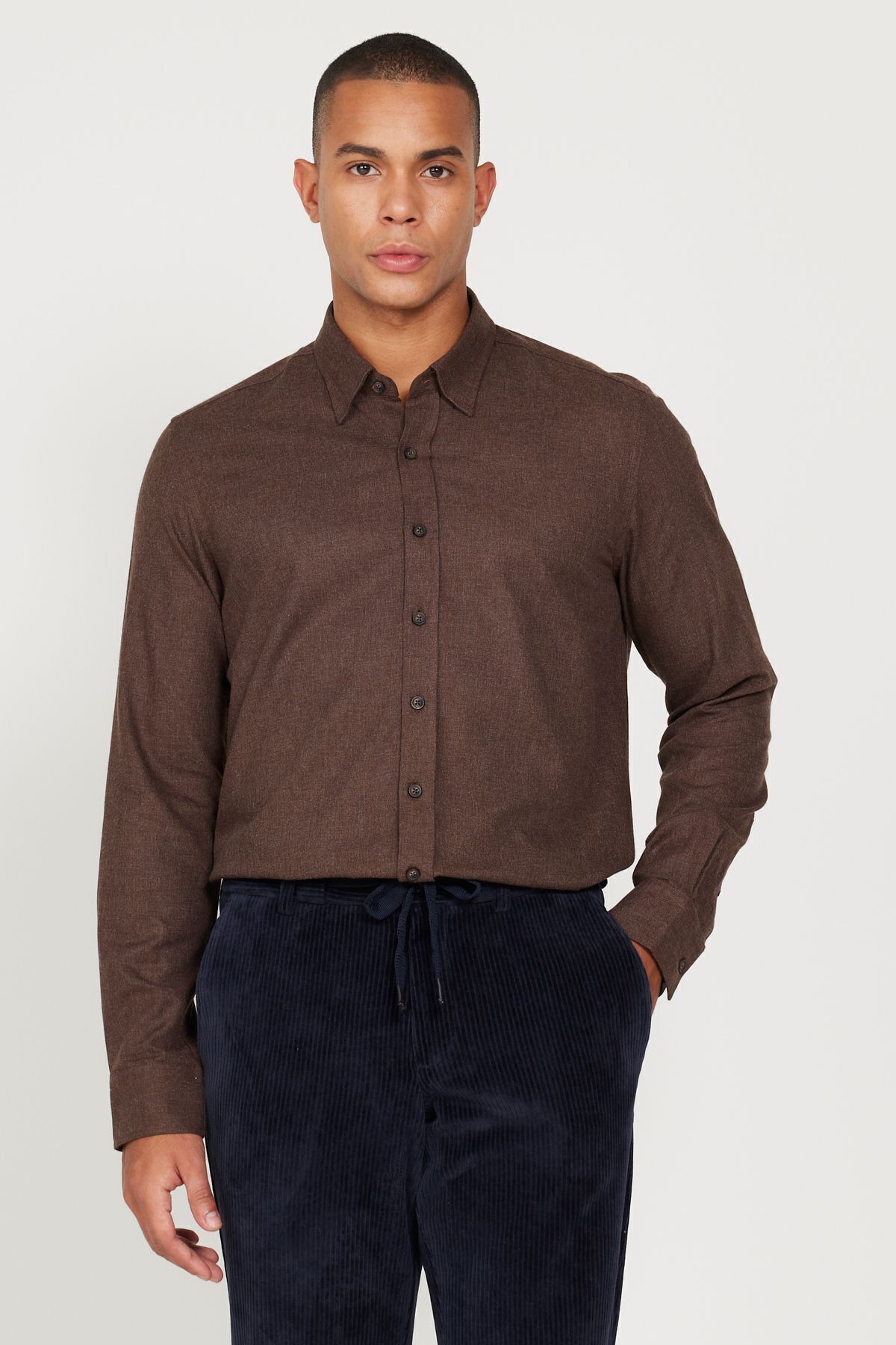 Altınyıldız Classics Erkek Kahverengi Pamuklu Flanel Oxford Slim Fit ...