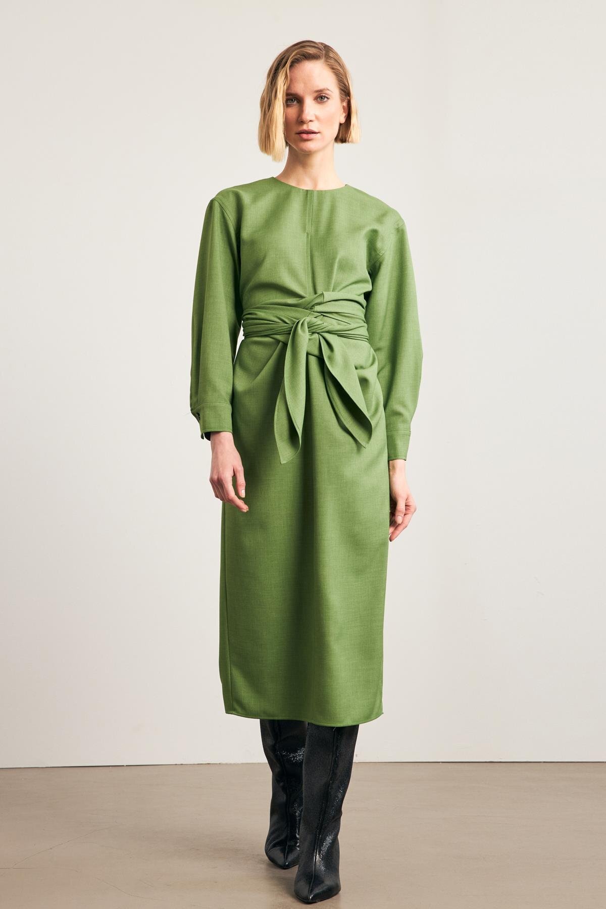 Setre Yeşil Bel Detaylı Bisiklet Yaka Uzun Kol Midi Boy Elbise Fiyatı ...