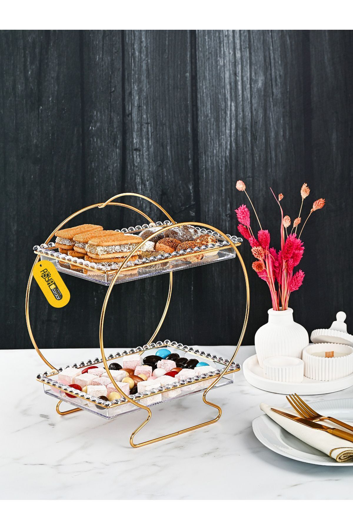 ASYA BAZAAR 2 Katlı Boncuklu Dikdörtgen Sunumluk - Fiyatı, Yorumları