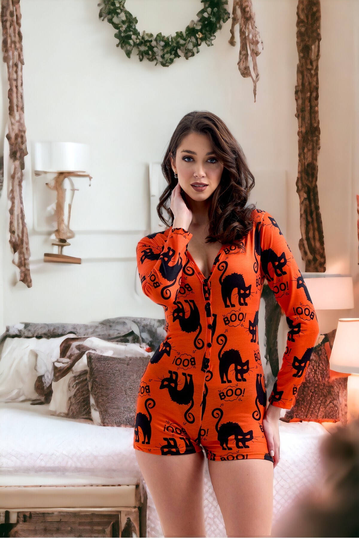 ibeeka Ev Giyim Düğmeli Gecelik Kedi Desenli Turuncu Renk Uzun Kol ...