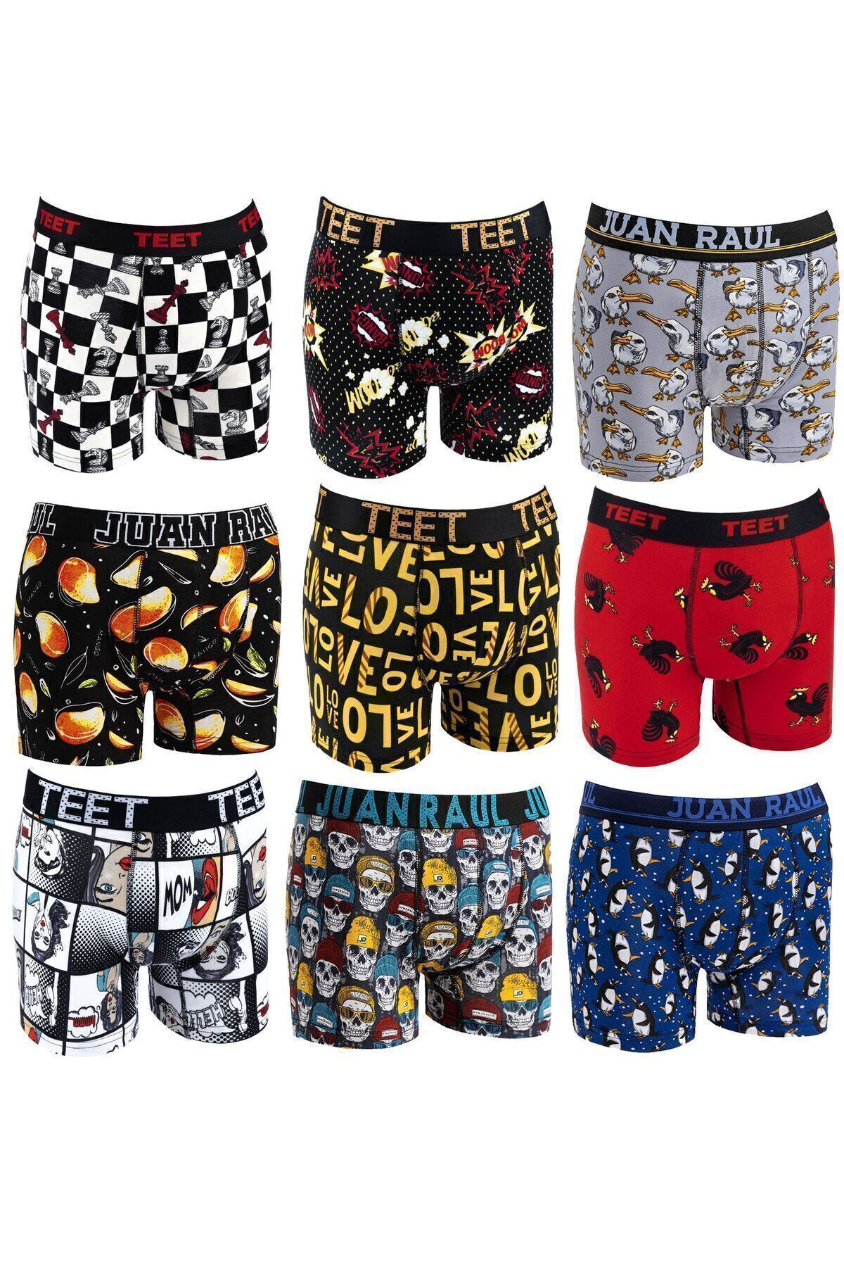 TEET Erkek Boxer Premium 9'lu Set Pamuklu Likralı Desenli Hediyelik ...