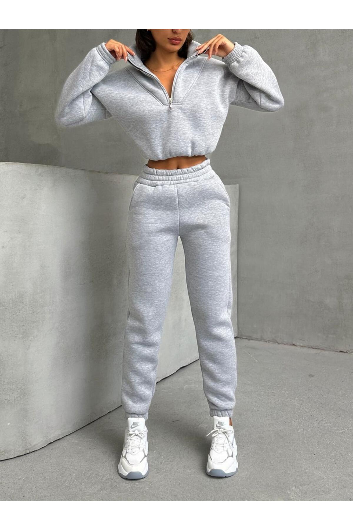 My Lacesta Half Zipper Elastic Three Thread Raster Crop Tracksuit Set ...