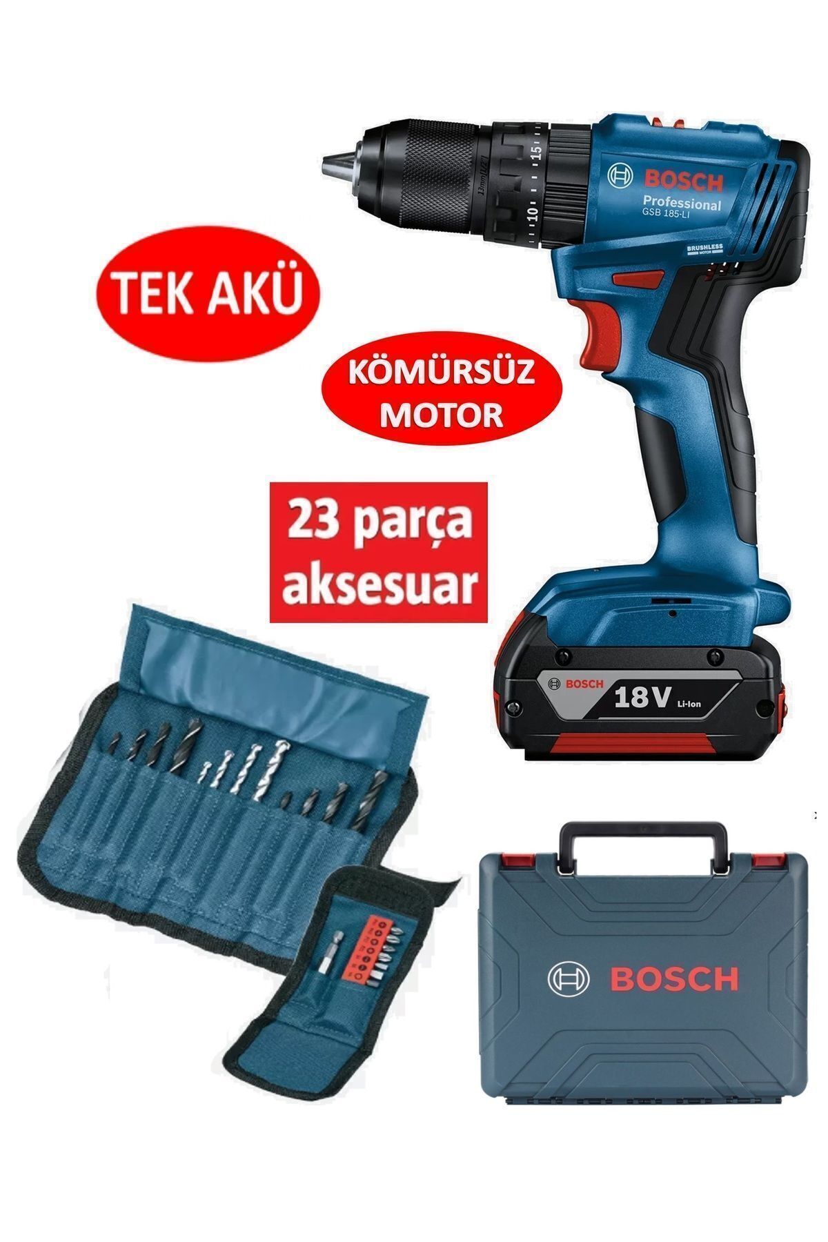Bosch Şarjlı Matkap Tek Akülü Kömürsüz Darbeli Matkap Vidalama + 23 ...