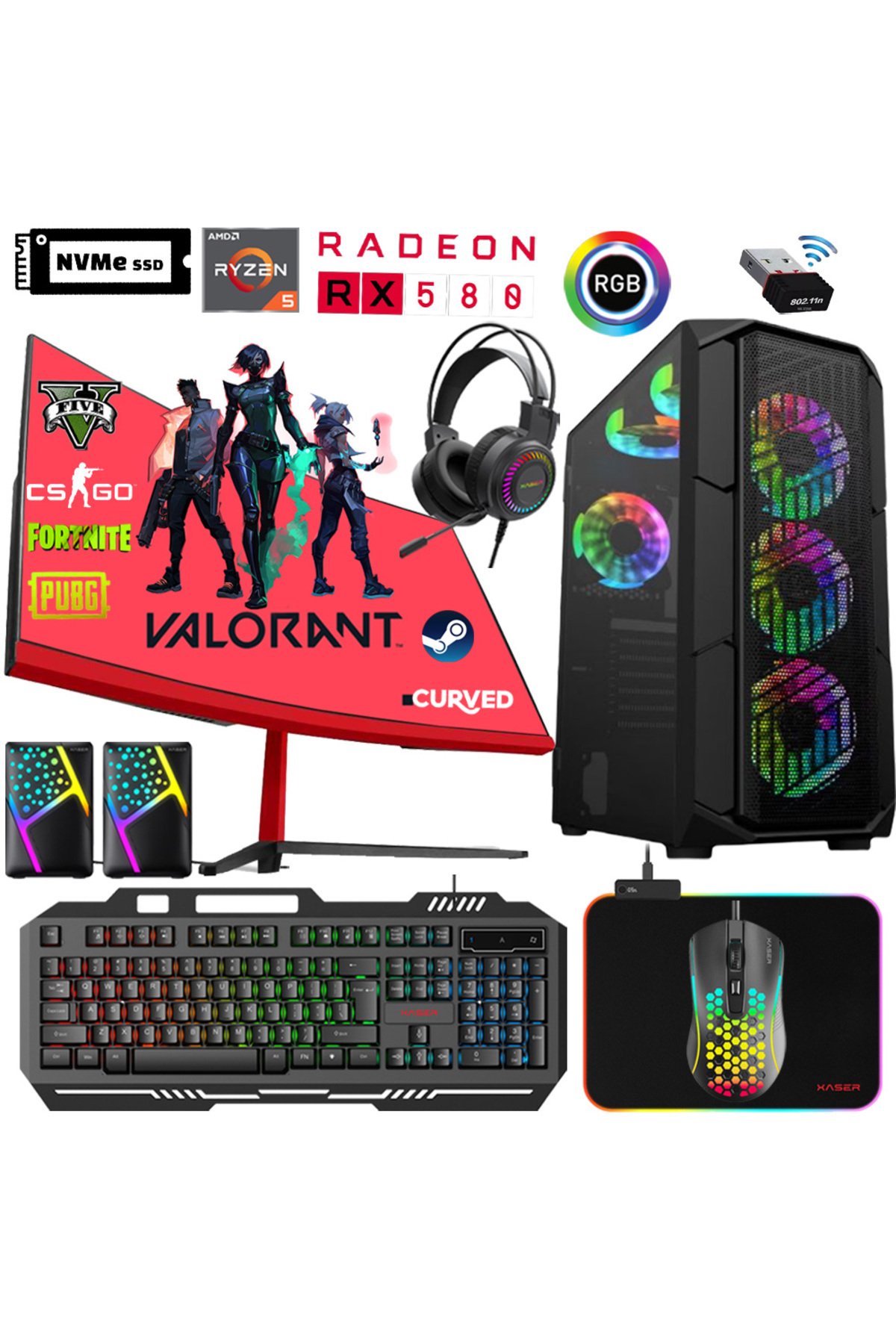 XASER Xsr447 Ryzen 5 5600 16gb Ram 256gb M.2 Nvme Ssd 8gb 256bit Rx580 23.8" Curved Oyun ...