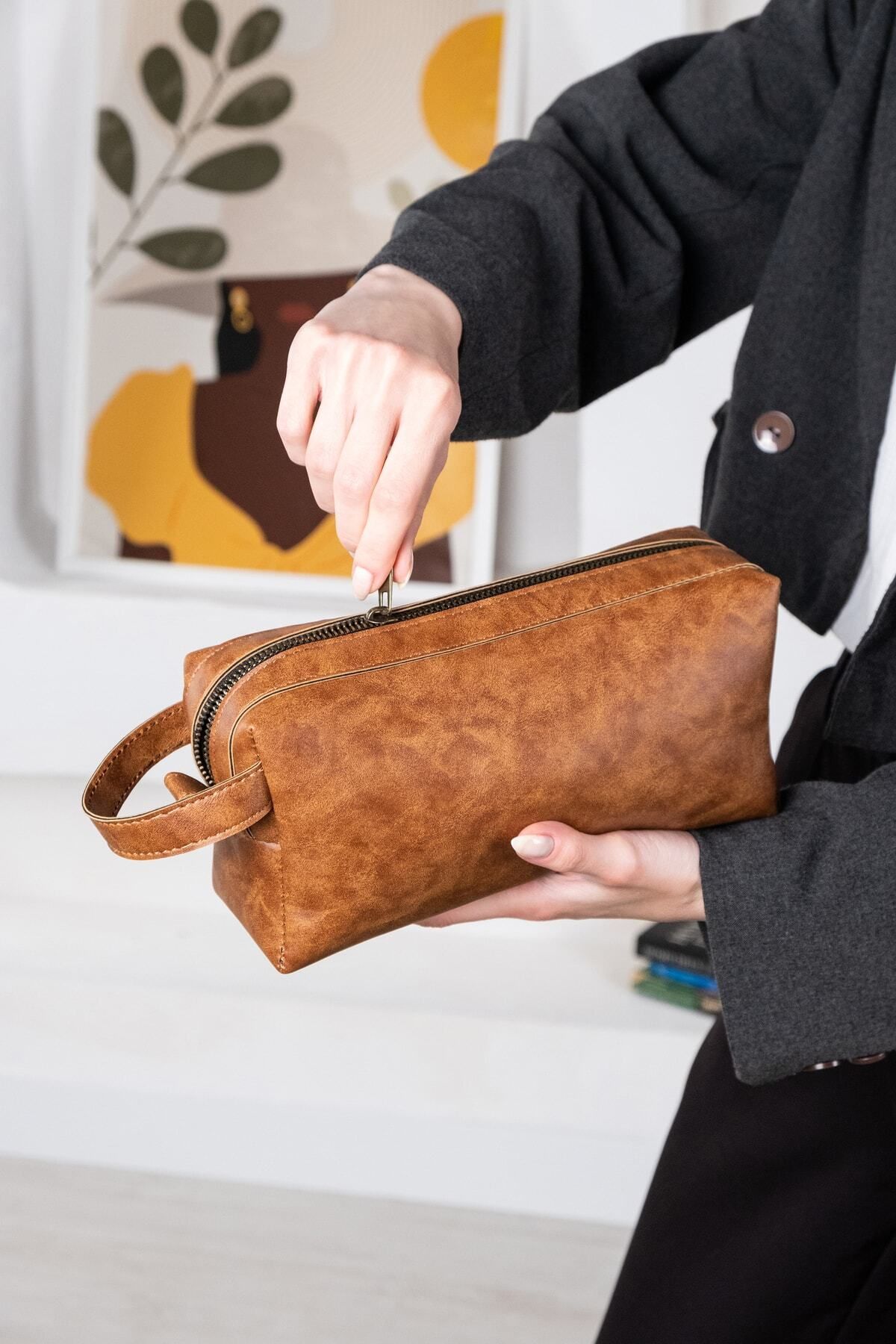 dk leather Kadın Taba Portfoy El Çantası Pu Deri Günlük Seyahat Makyaj ...