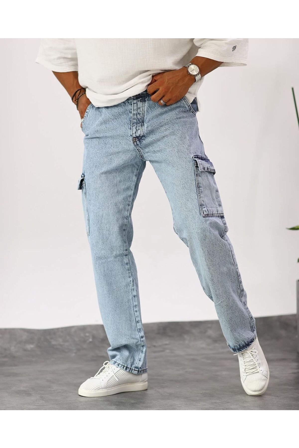 JANSO GROUP AKKAD MODA Erkek Kargo Cep Açık Mavi Jean Kot Pantolon ...