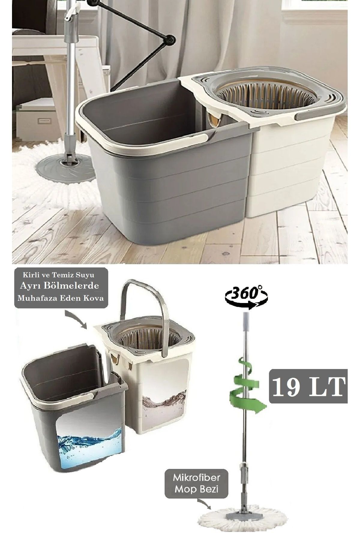 Tugomer 19 Lt Mop Temizlik Seti - Döner Başlıklı Mikrofiber Temizlik ...