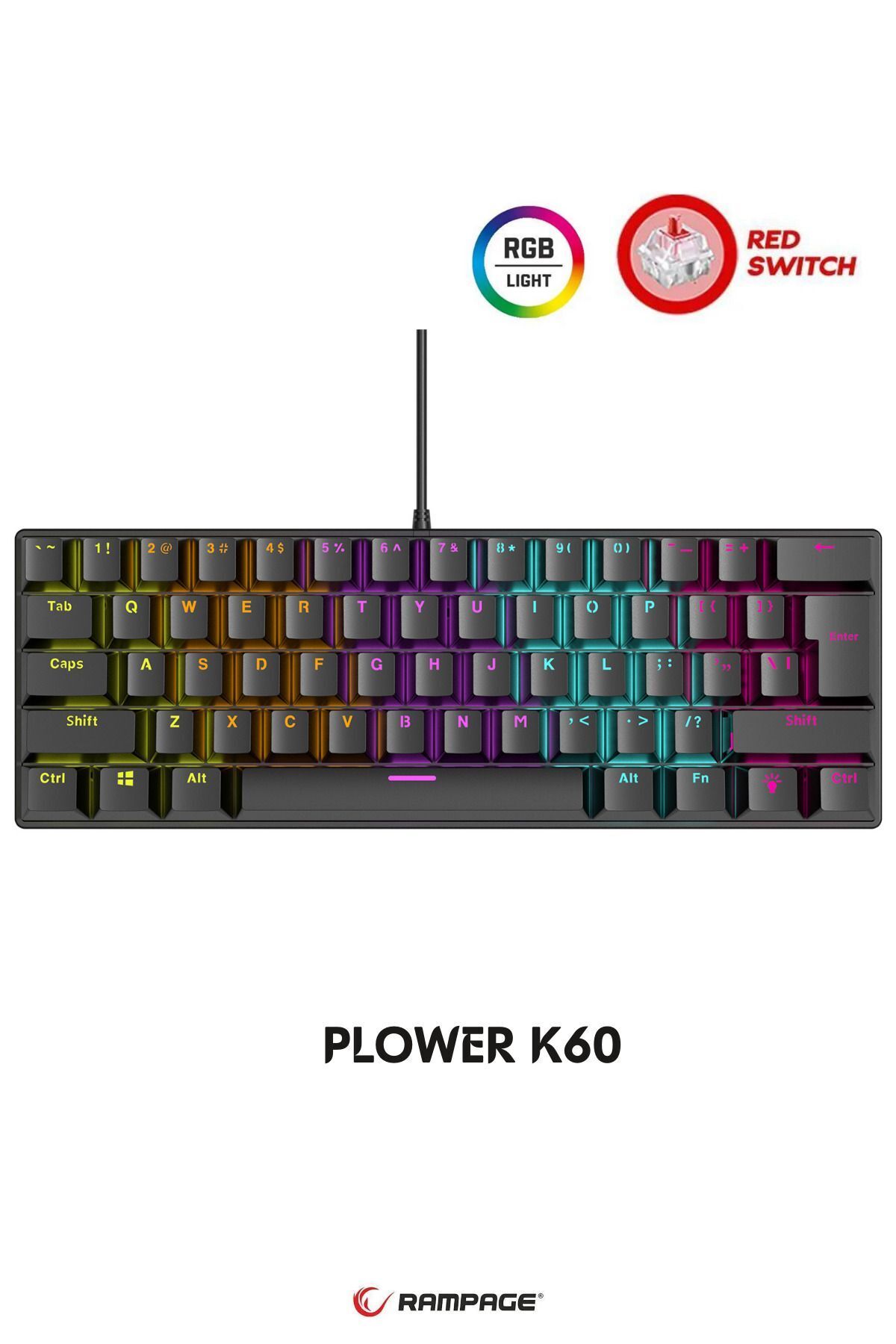 Rampage Plower K60 Siyah Us Layout Bilek Destekli Rainbow Aydınlatmalı ...