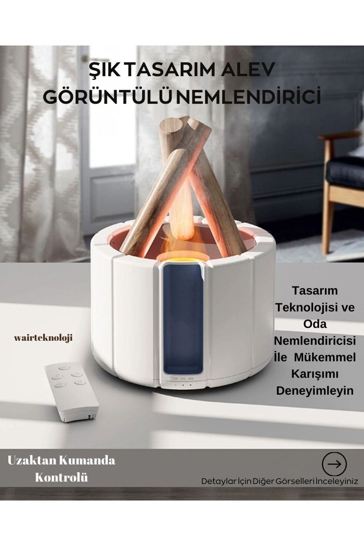 Wair Teknoloji Alev Görüntülü Bonfire Oda Nemlendirici Şık Tasarım Uzaktan Kumanda Kontrollü ...