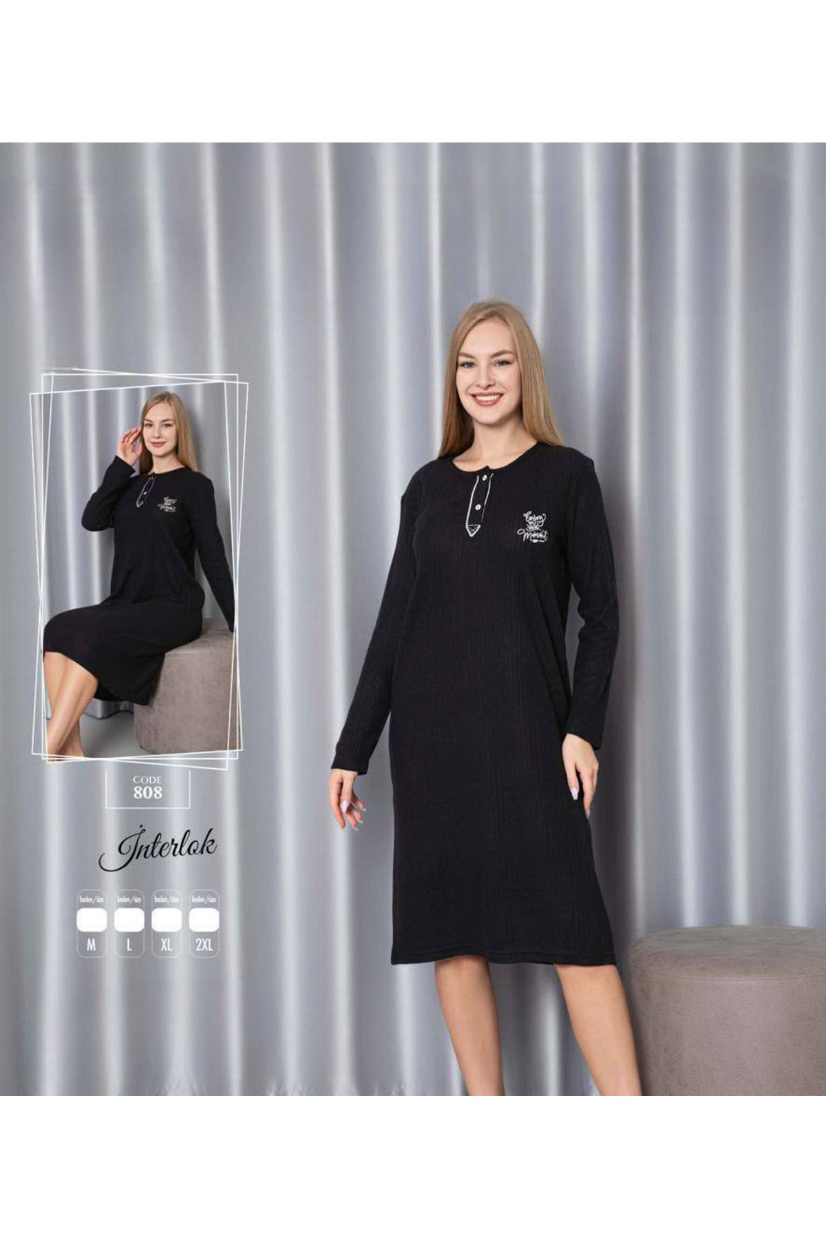 Bellada homewear Raporlu interlok Nakis Detayli Pamuklu Kislik Siyah elbise-Gecelik Fiyatı ...