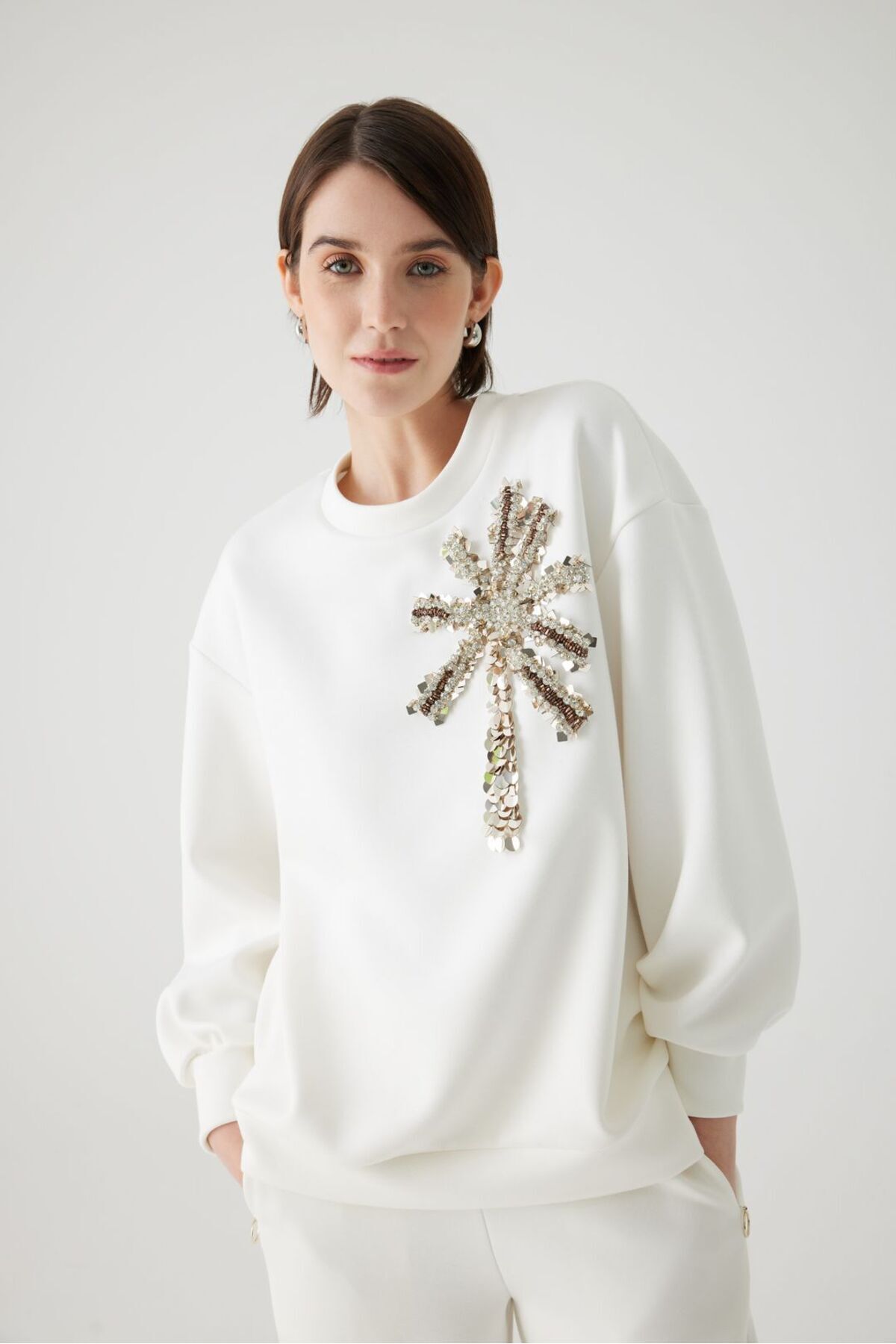 Exquise Palmiye El İşlemeli Oversize Ekru Sweatshirt - Fiyatı, Yorumları