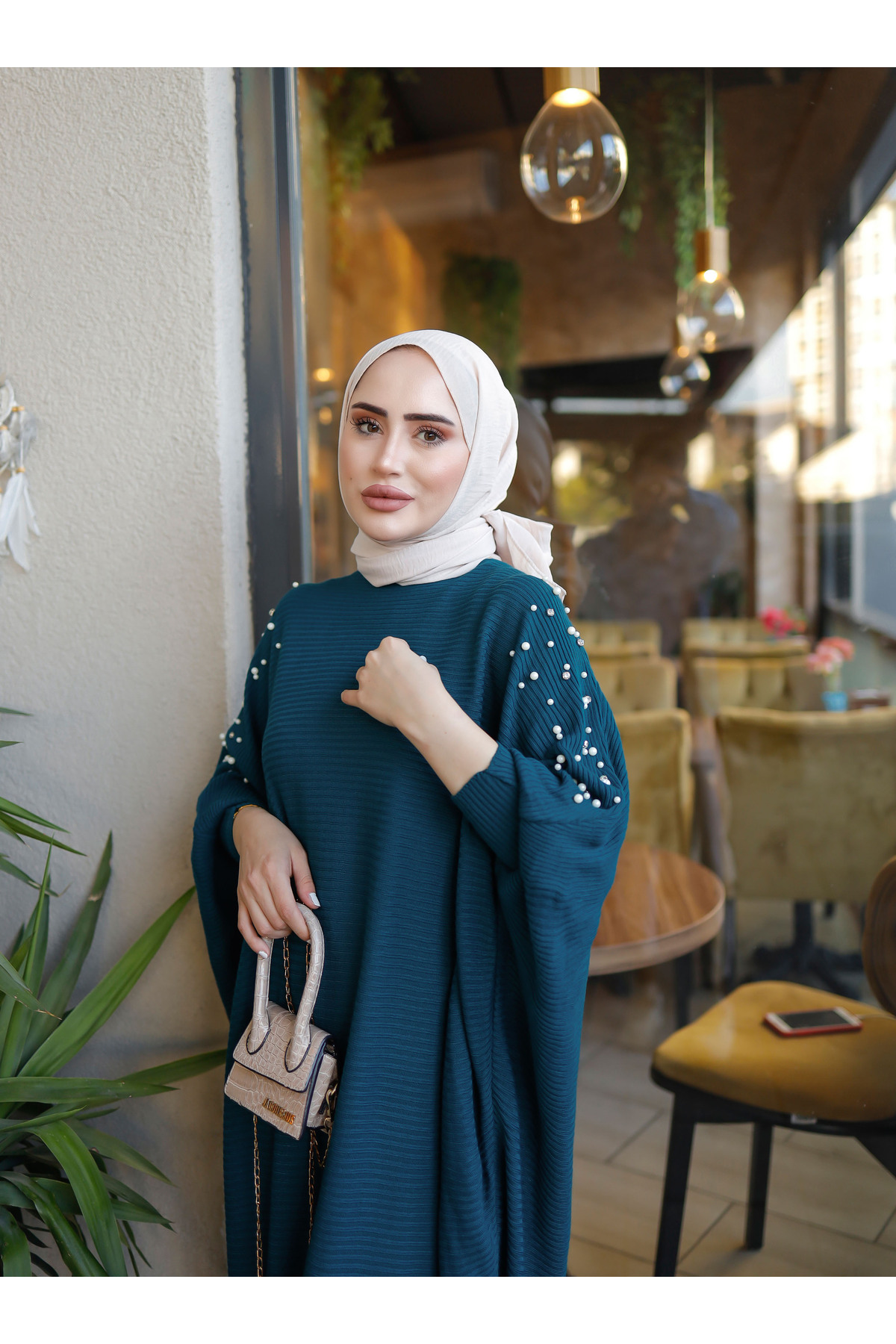 SAHRA BUTİK Petrol Colored Shoulder Pearl Detailed Bat Knitwear Seture ...