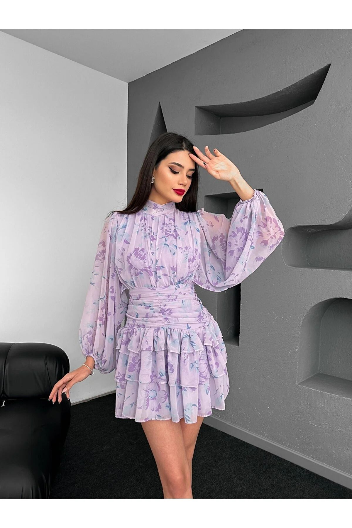 popibutik Dik Yakalı Drapeli Sırt Detaylı Çiçek Desenli Lila Mini Şifon ...