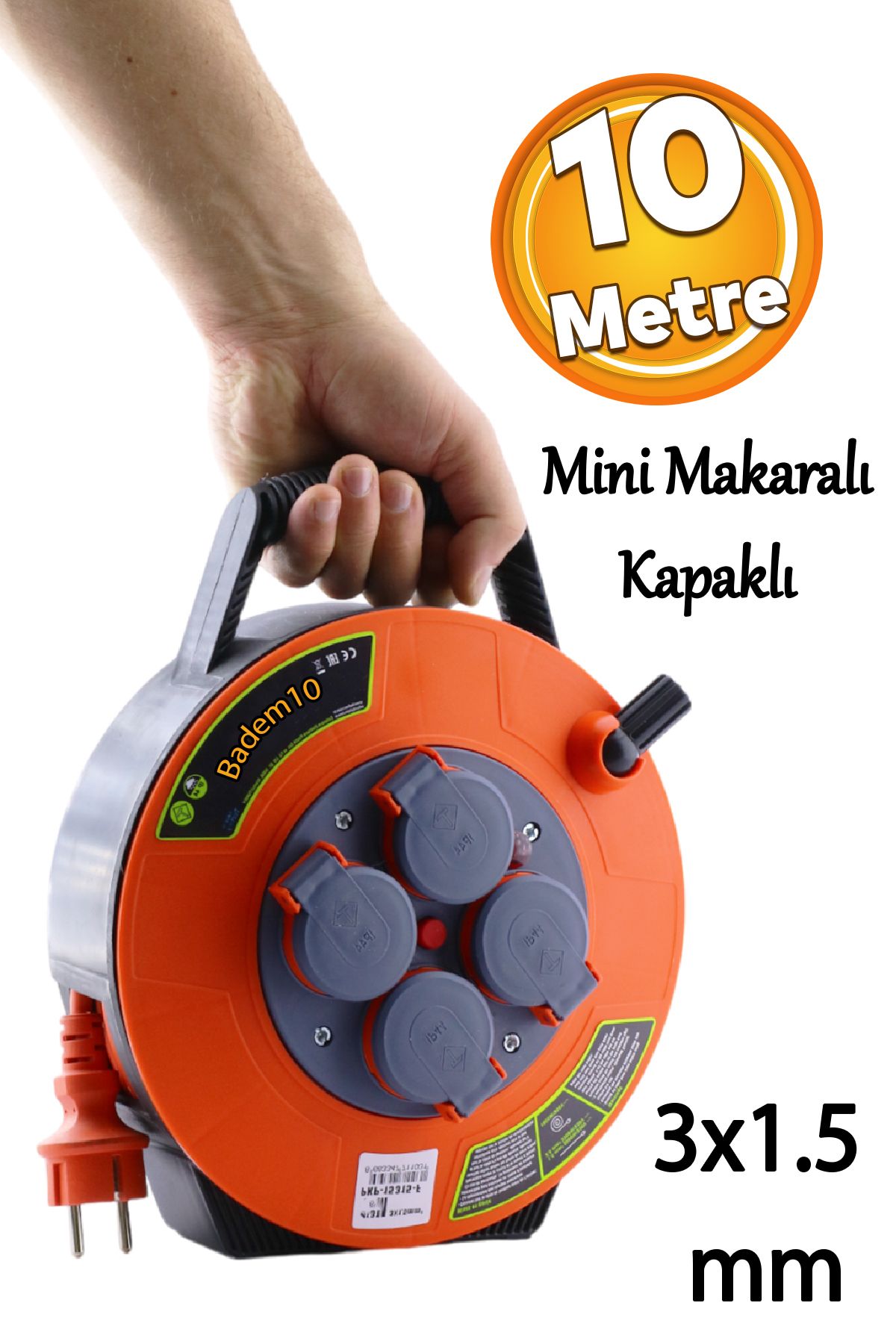 Badem10 Plastik Kapaklı Mini 4 Priz TTR Kablo 10 Metre Makaralı Seyyar 3x1.5 mm CCA Monofaze ...