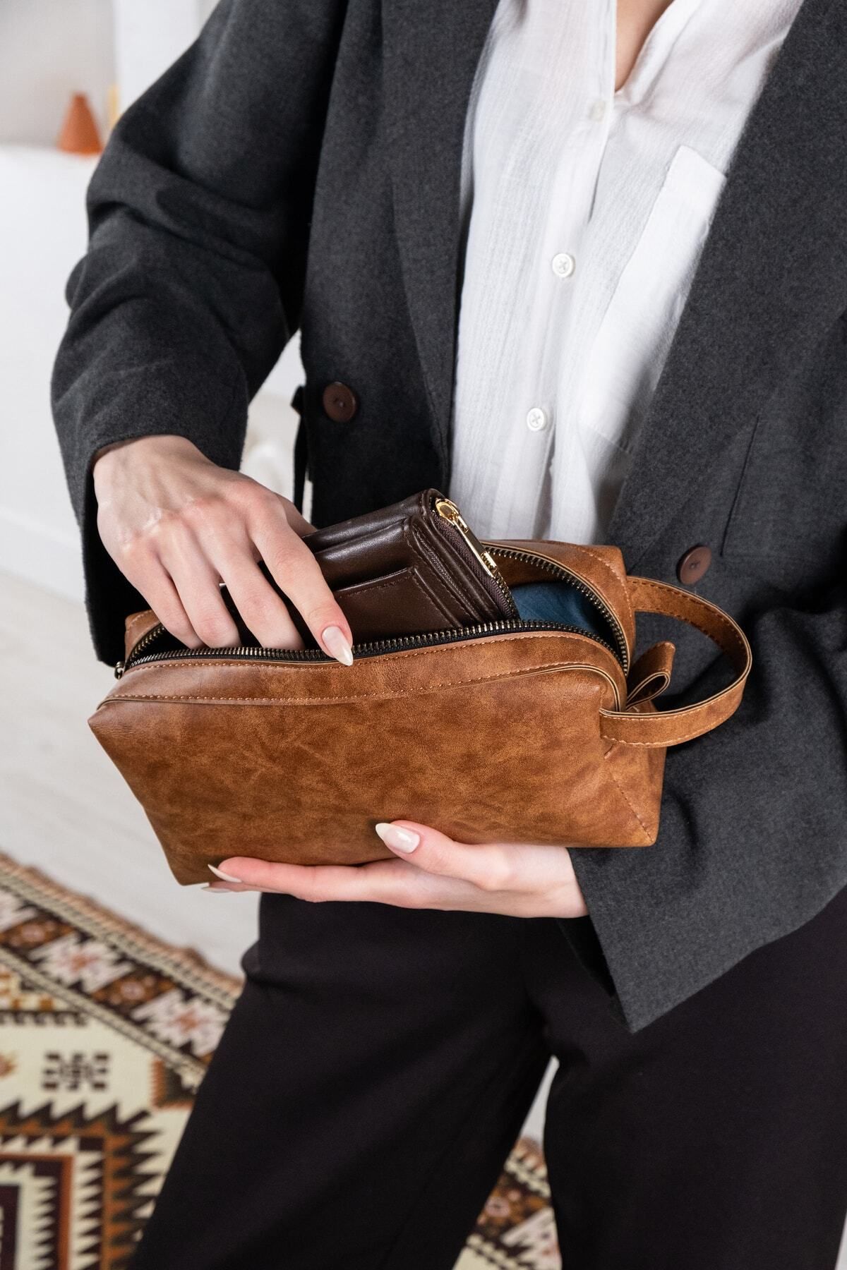 dk leather Kadın Taba Portfoy El Çantası Pu Deri Günlük Seyahat Makyaj ...