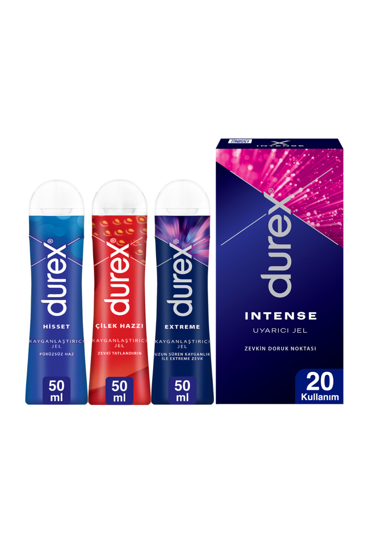 Durex Hisset Jel 50ml + Çilek Jel 50ml + Intense Uyarıcı Jel + Extreme ...