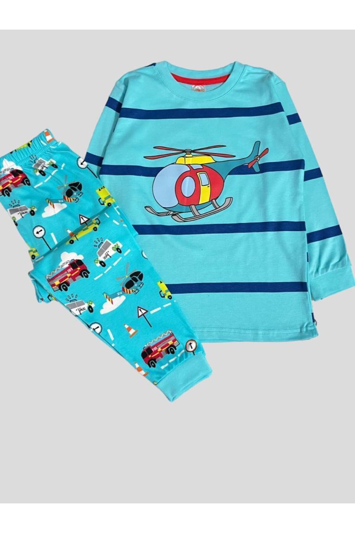elmas kids Erkek Çocuk %100 Pamuklu Helikopter Desenli Pijama Takımı ...