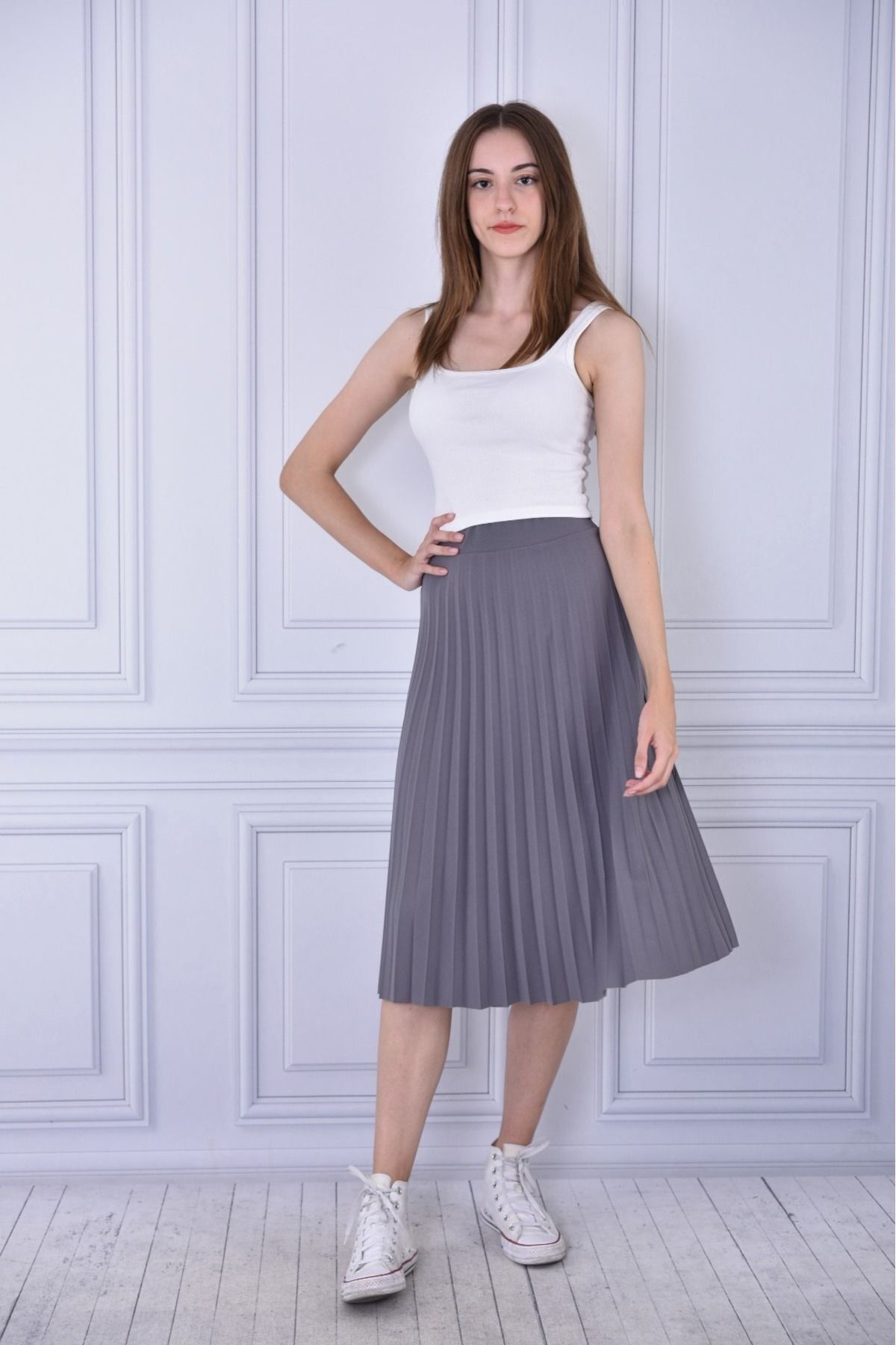 HMT ZEHRA GİYİM Piliseli Midi Boy Skuba Krep Etek Gri (S-M-L-XL) - Fiyatı, Yorumları