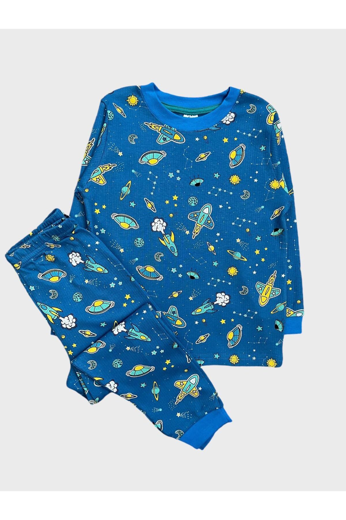 elmas kids Erkek Çocuk Pamuklu Fitilli Kumaş Uzay Desenli Mavi Uzun ...