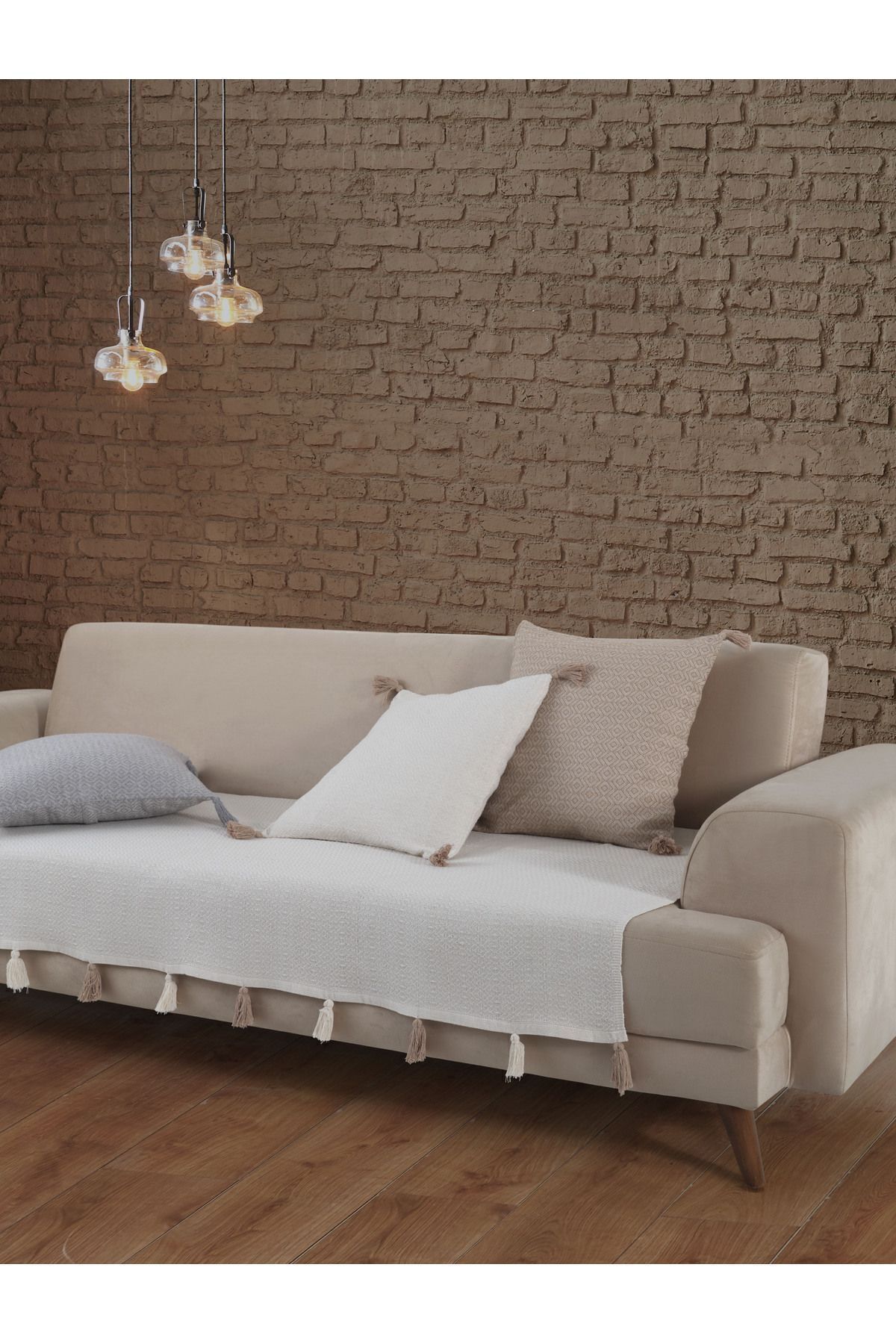 Lux Touch Liva Ponponlu Ekru Koltuk Örtüsü 115 x 200 cm Kanepe Divan ...