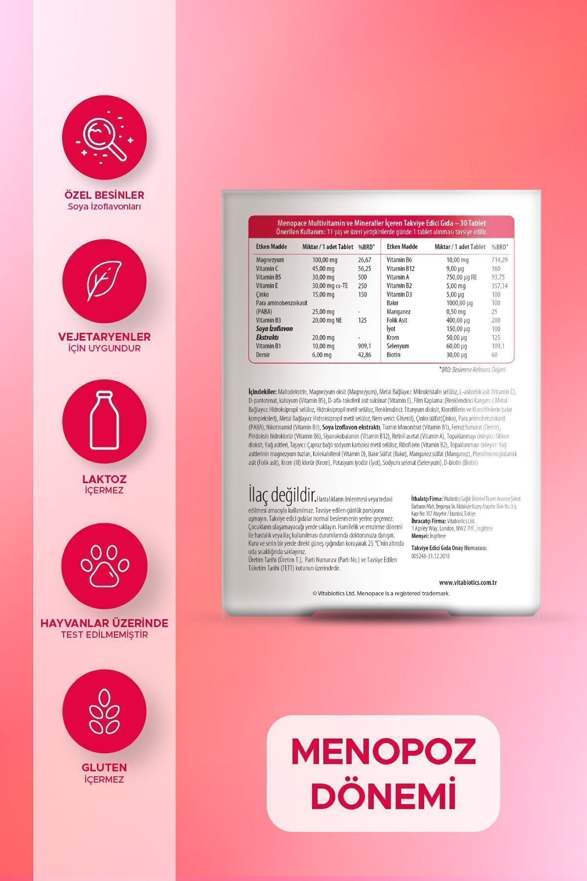 Vitabiotics Menopace Soya İzoflavonları, Magnezyum, Selenyum İçeren ...