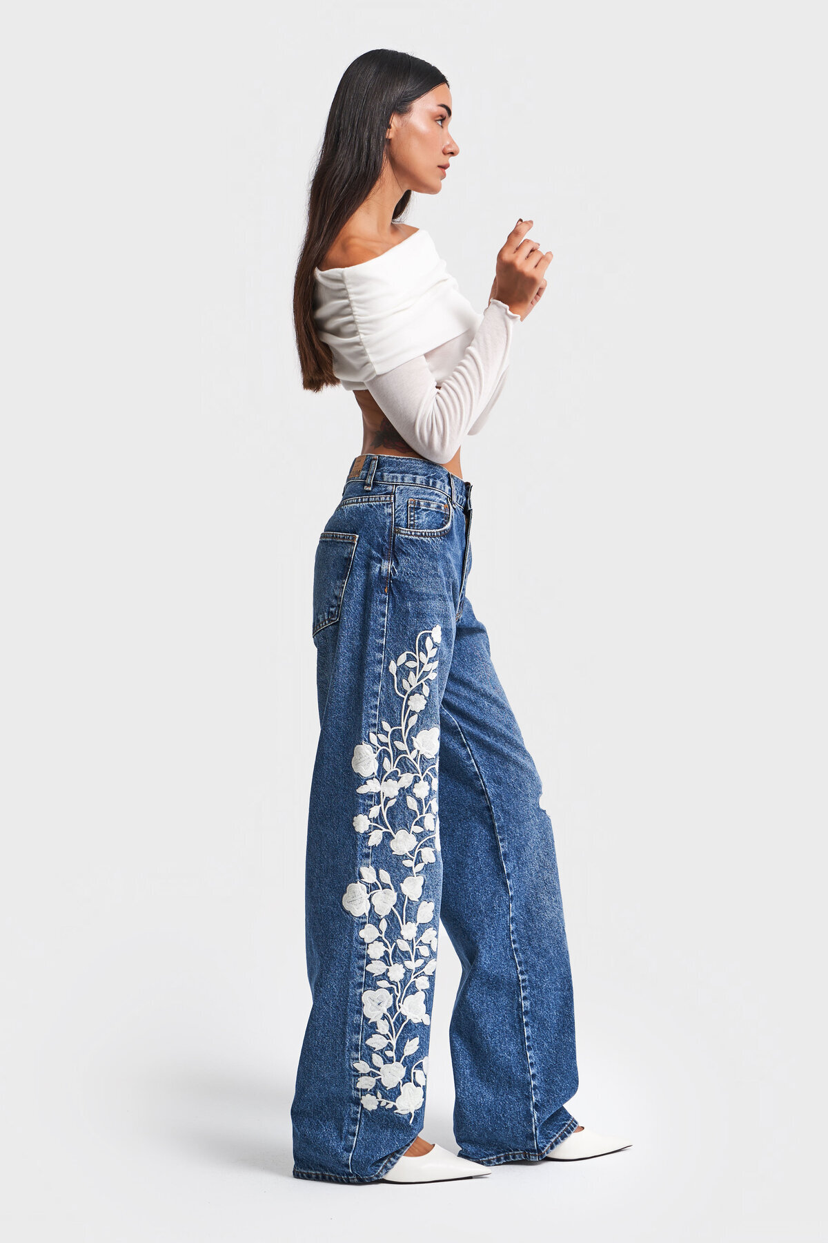 its basic White Floral Embroidered Women's Denim - Loose Fit Design ...