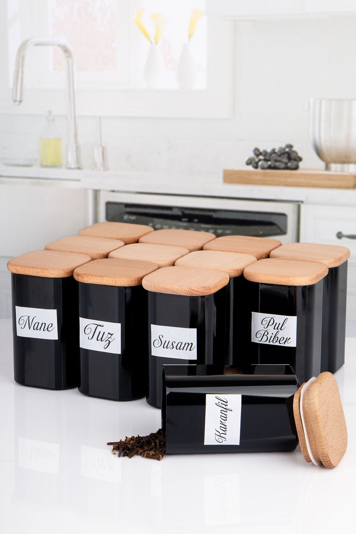 Lizzy 12'li 250 ml Vakumlu Bambu Ahşap Kapaklı Siyah Akrilik Baharatlık ...