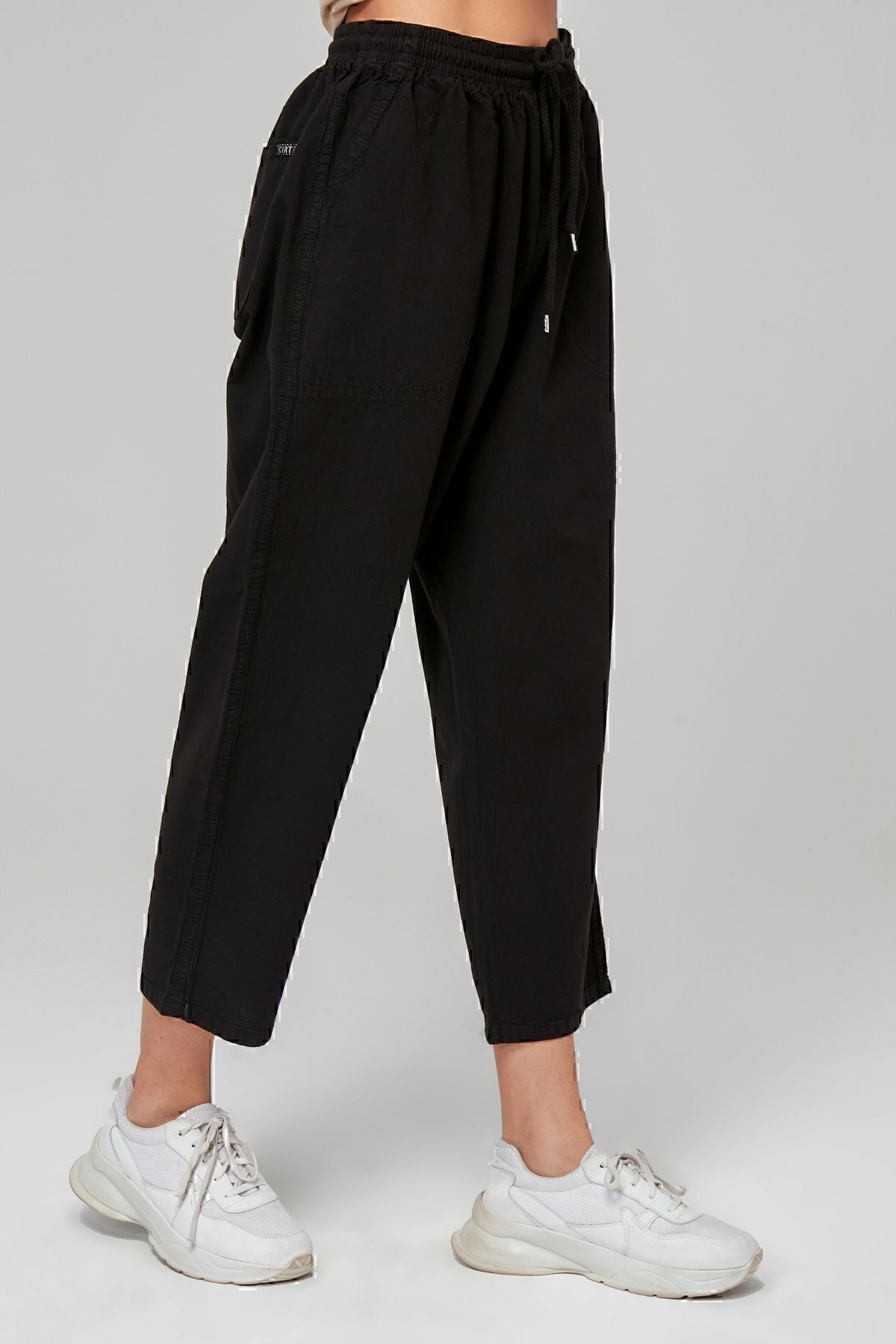 MONAHA Pantaloni negri, cu talie înaltă, cu aspect de in, 100% bumbac ...