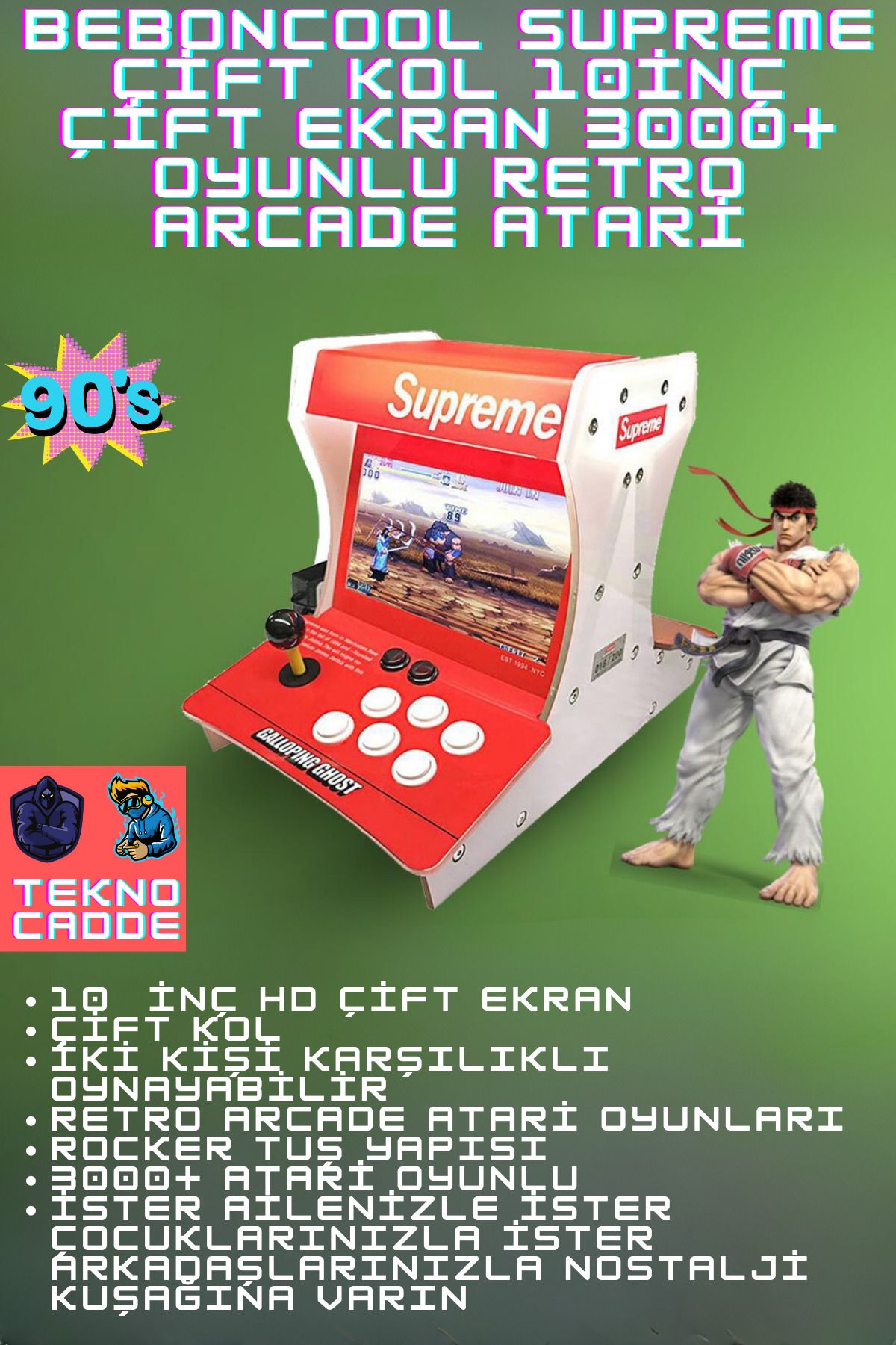 beboncool SUPREME Çift Arcade Kol 10inç Çift Ekran 3000+ OYUNLU RETRO ...