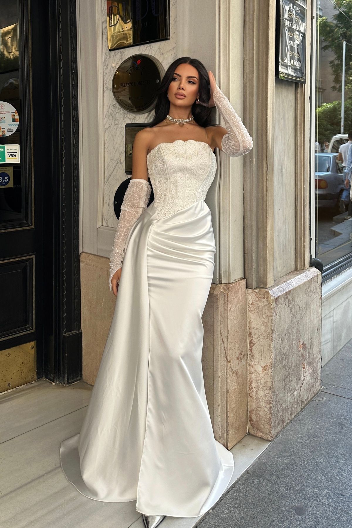 İyem Abiye Kol Ve Üst Detaylı Allerli Saten Şık Tasarım Abiye Elbise - Fiyatı, Yorumları