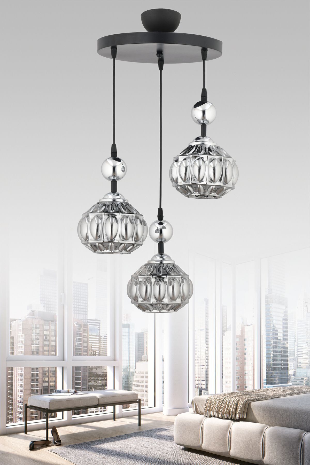 ESSLİGHT Hira 3 Lü Modern (SİYAH KROM) Füme Camlı Salon Mutfak Hol Yatak Odası Avize Fiyatı ...