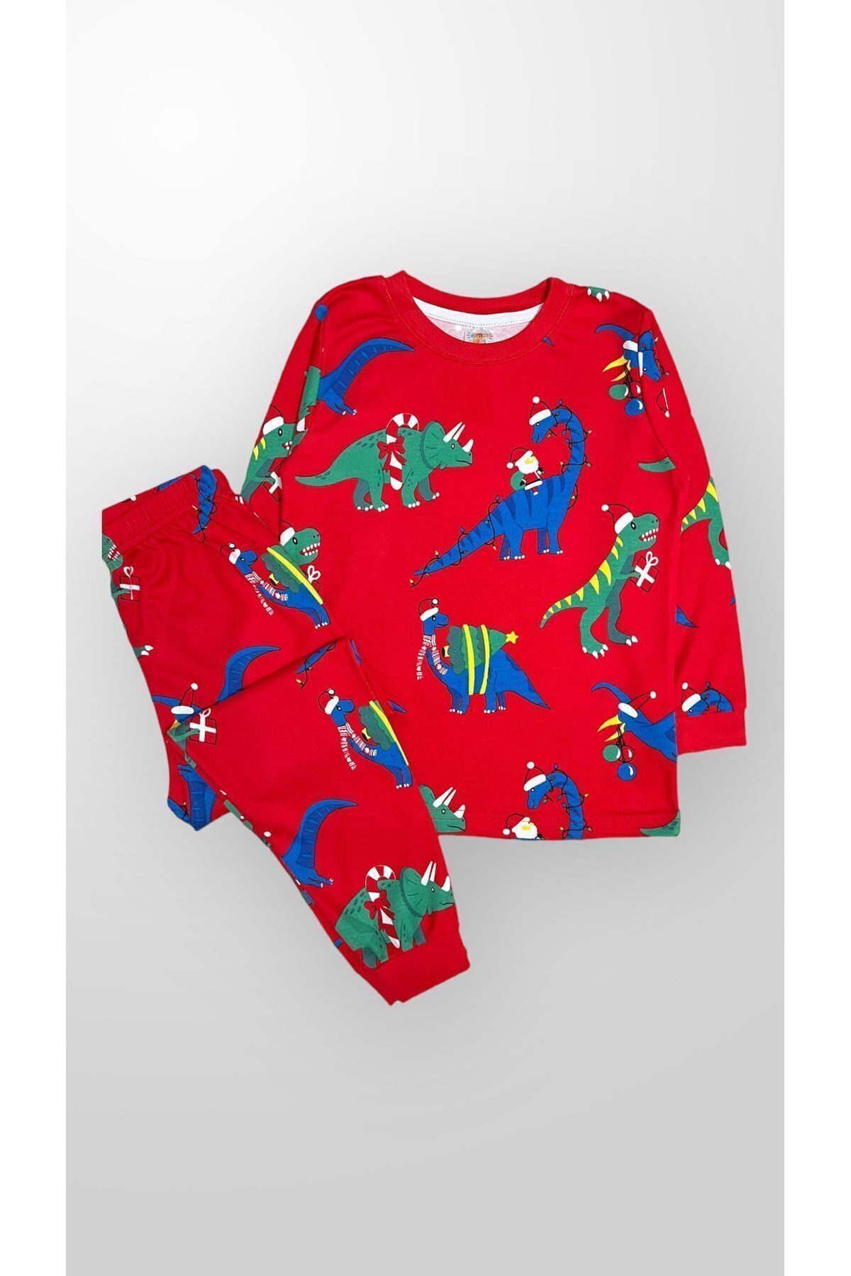 elmas kids Erkek Çocuk %100 Pamuklu Kırmızı Kış Temalı Dinozor Desenli ...
