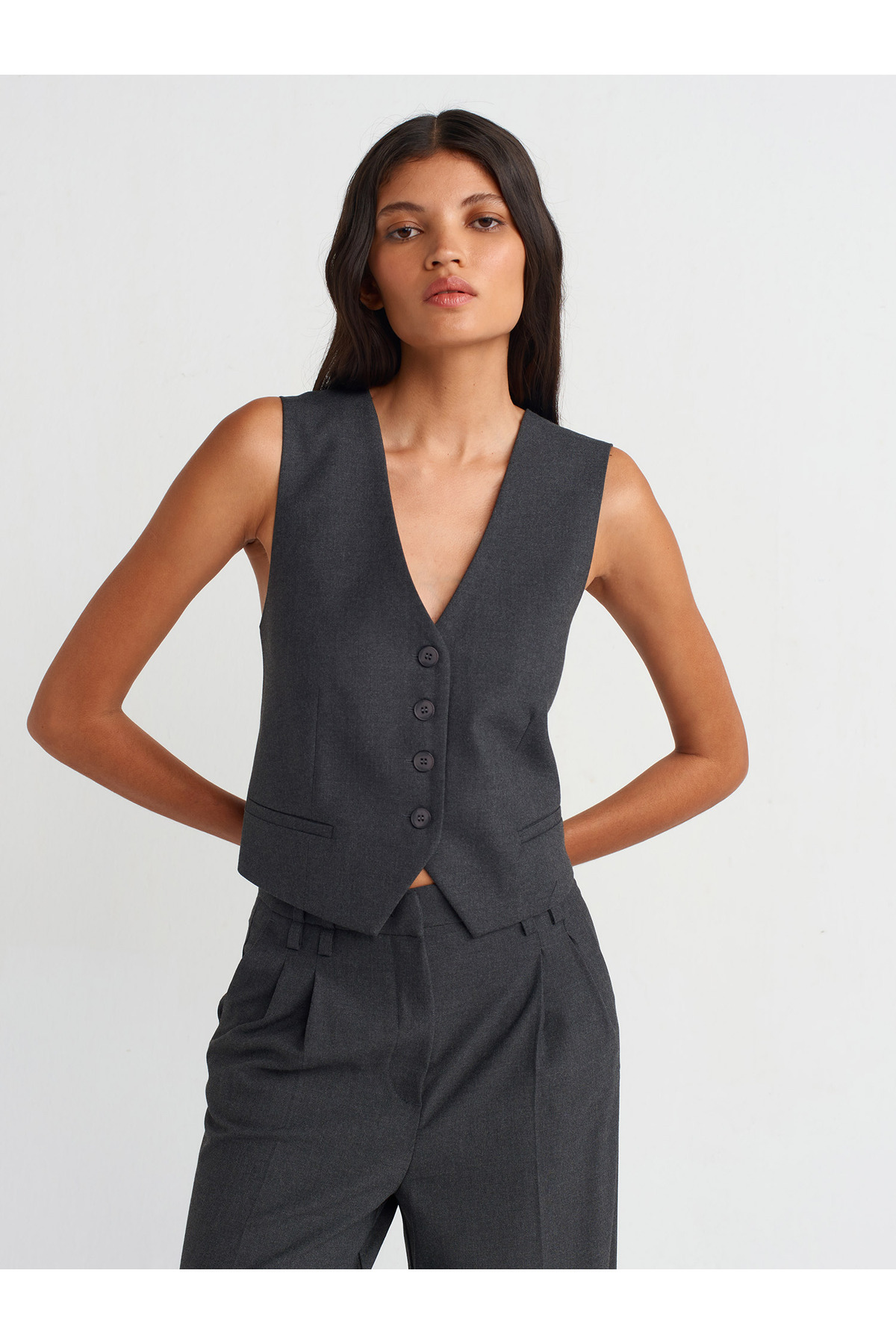 Dilvin 60545 Sırt Detaylı Blazer Yelek-Antrasit - Fiyatı, Yorumları