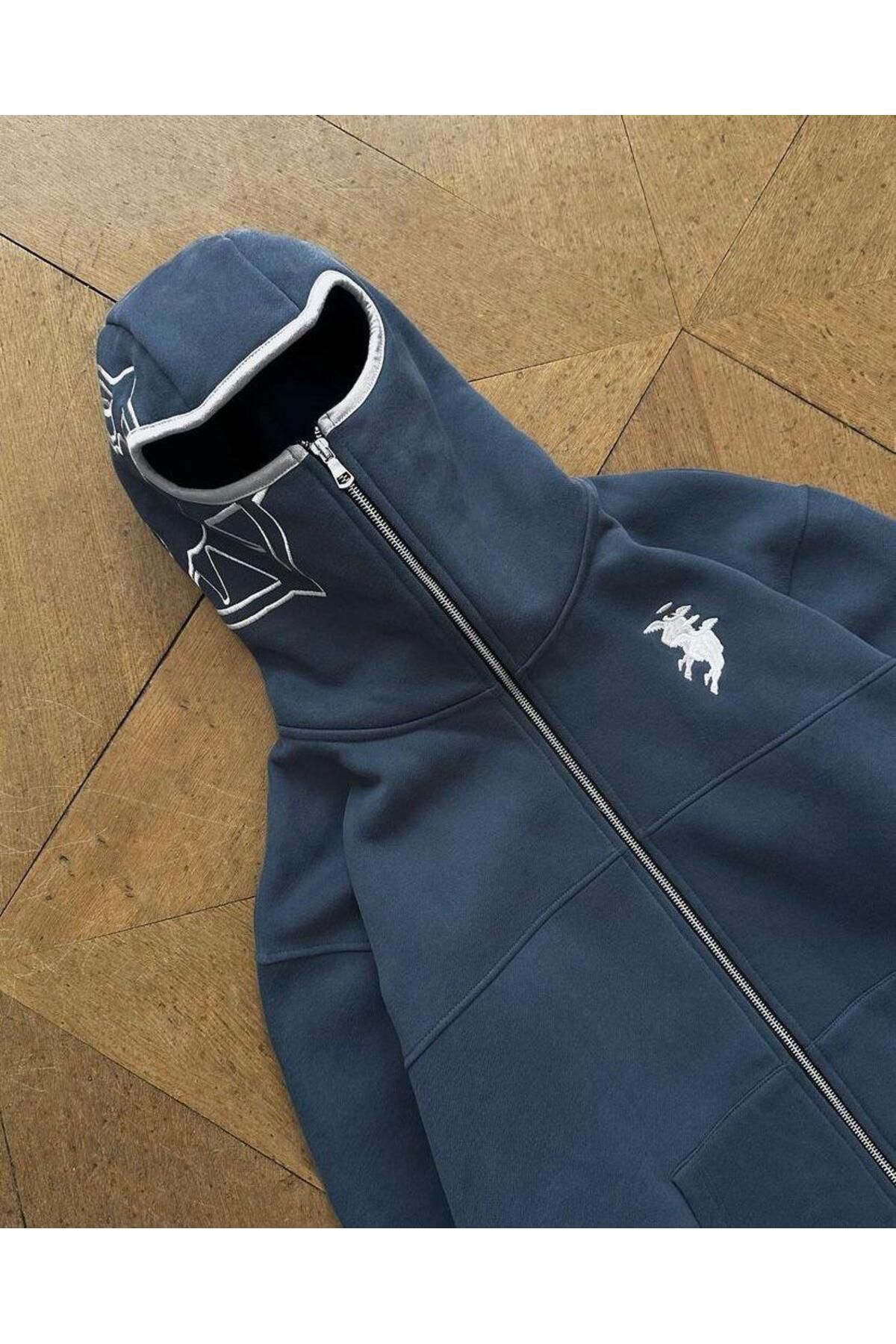 weywot Mertshp Streetwear - Oversize Blue Hooded Sweatshirt Cardigan ...