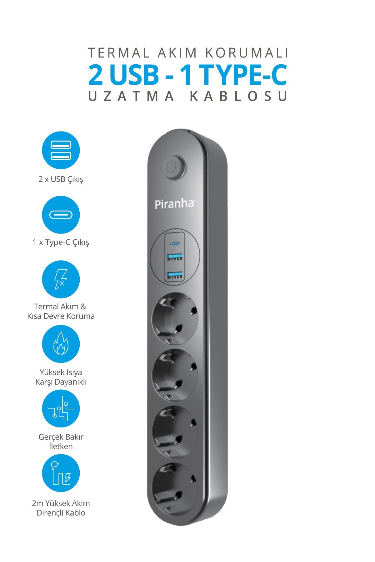 Piranha 45630 Akım Korumalı 2 USB - 1 Type-C Girişli 4'lü Uzatma Kablosu - Fiyatı, Yorumları