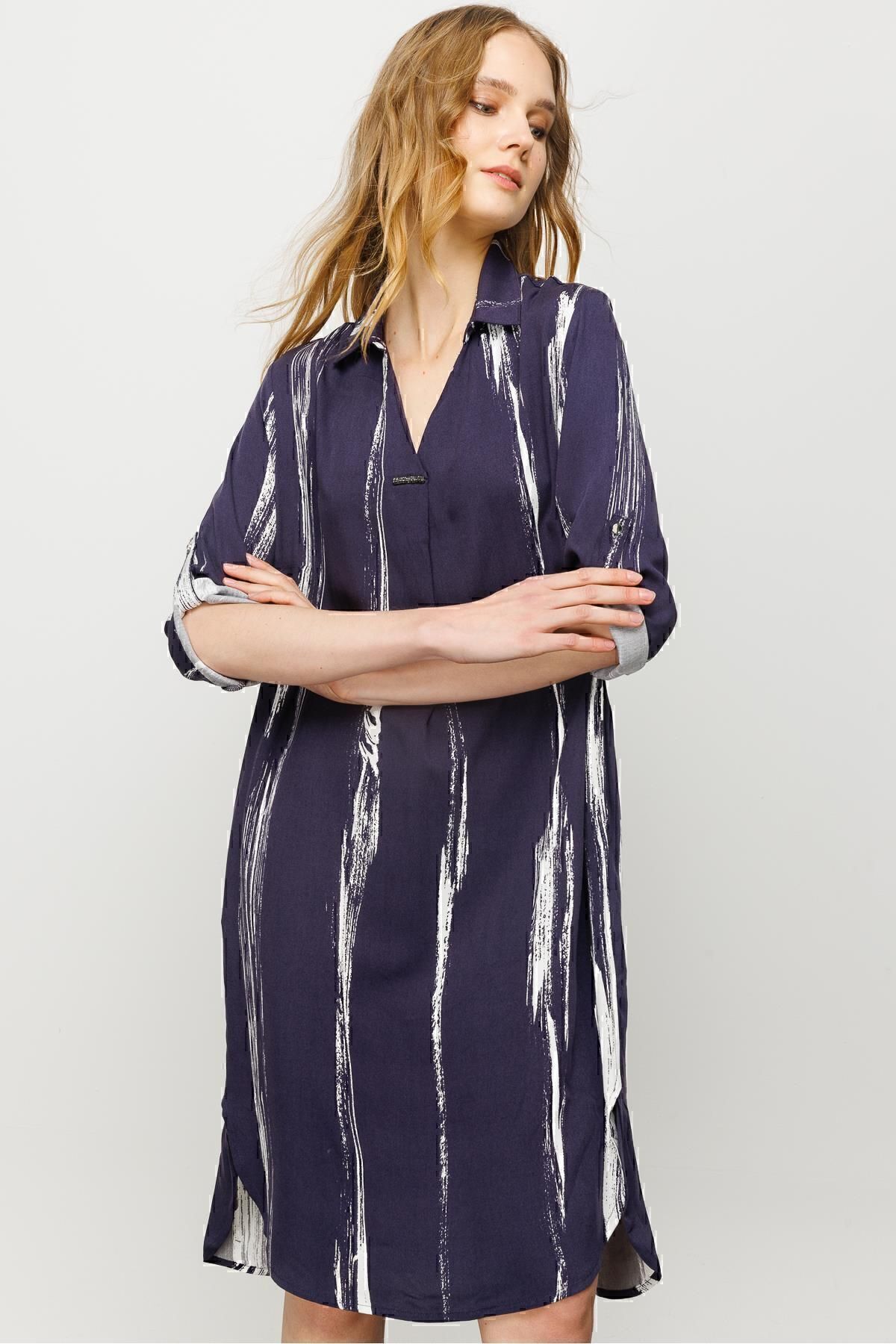 Desen Triko Rochie De Damă Cu Motiv Guler Cămașă Albastru Marin- Trendyol