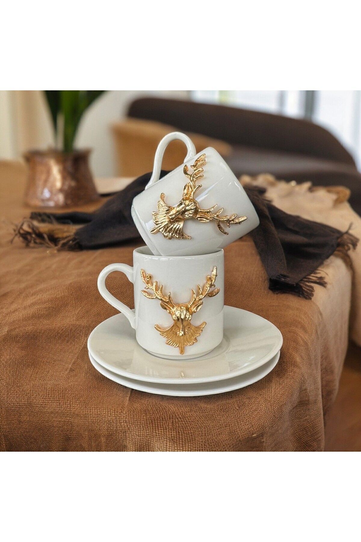 İlbay Çini Takı 2 Kişilik Metalli Geyik 2 Li Porselen Türk Kahvesi ...