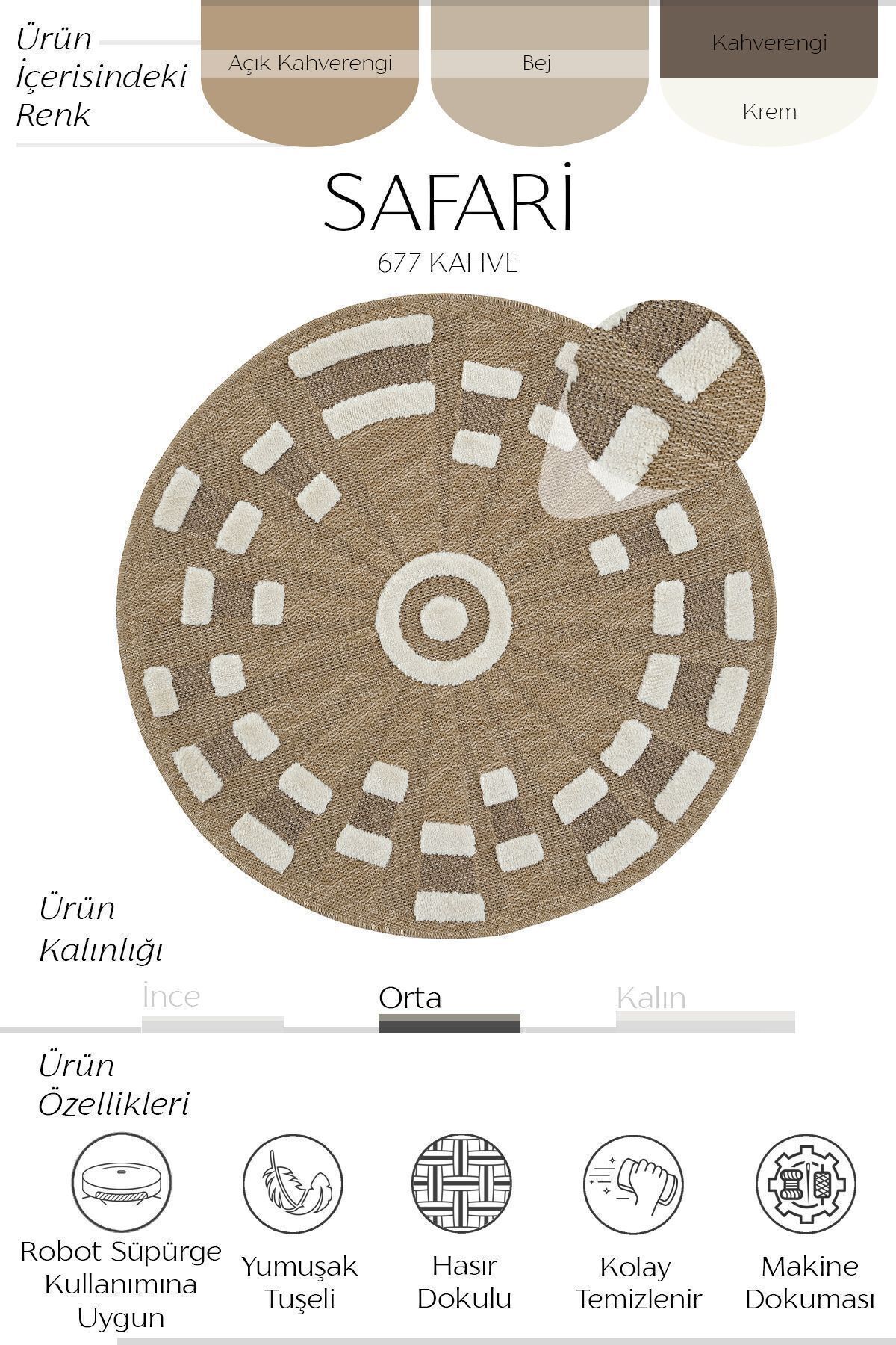 Cool Halı Safari 677 Kahve Iskandinav Yuvarlak Dekoratif Etnik Halı ...