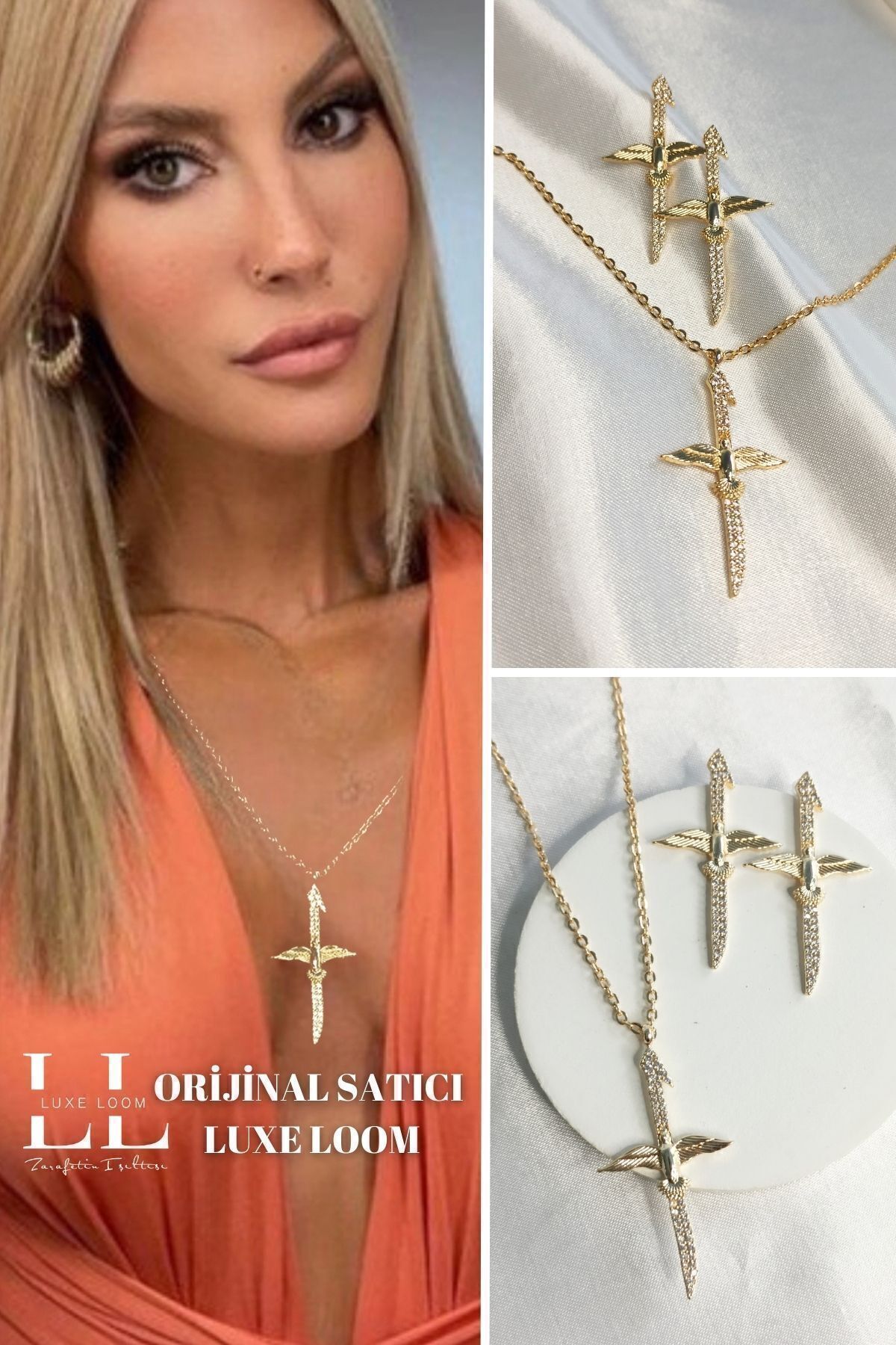 Luxe Loom Zarafetin Işıltısı Kadın Gold Renk Zirkon Taşlı Zümrüdü Anka Kuşlu Elif Kolye Küpe ...