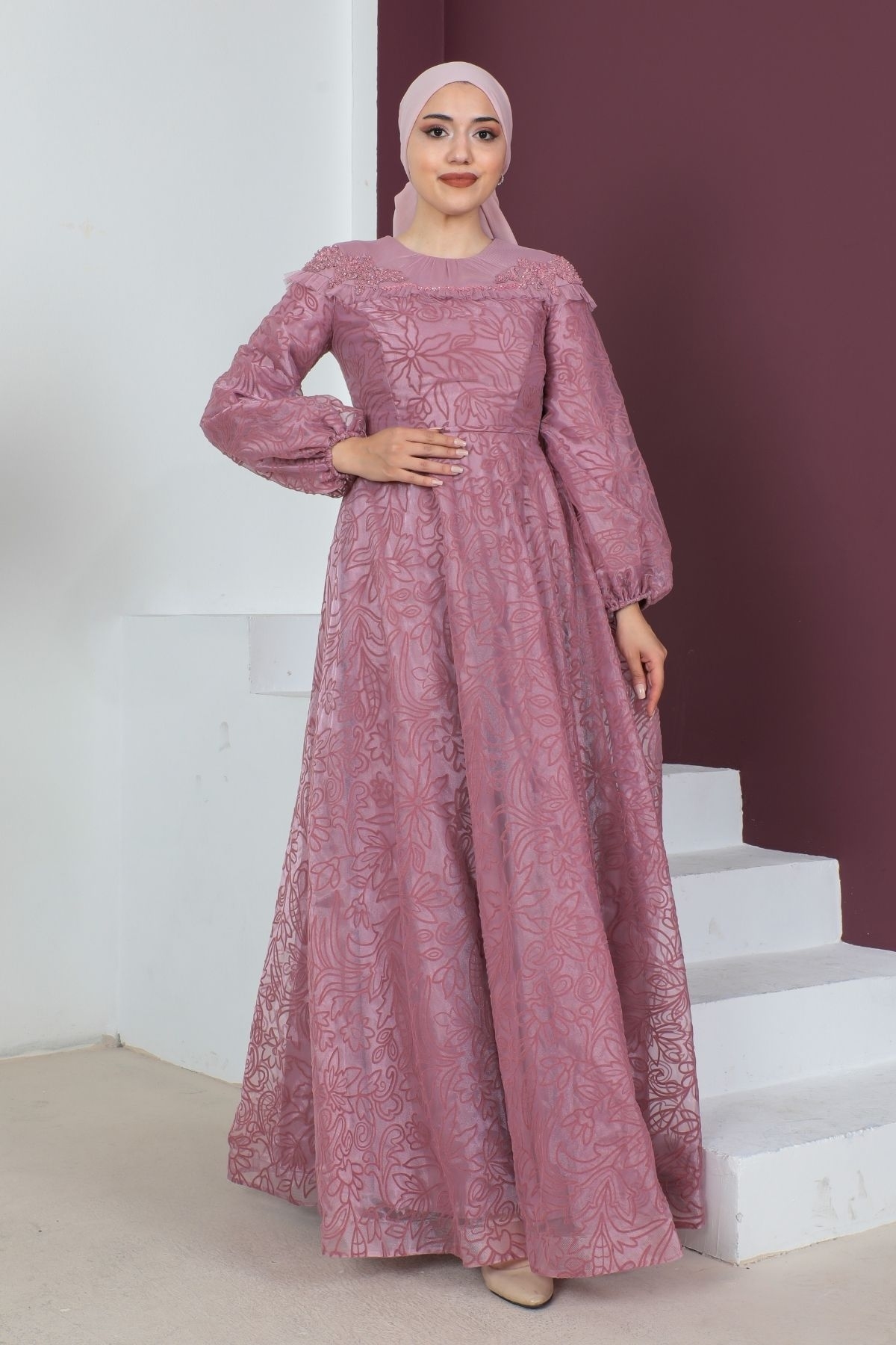 PHELDA Flock Printed Organza Hijab Dress 781-Dried Rose - Trendyol