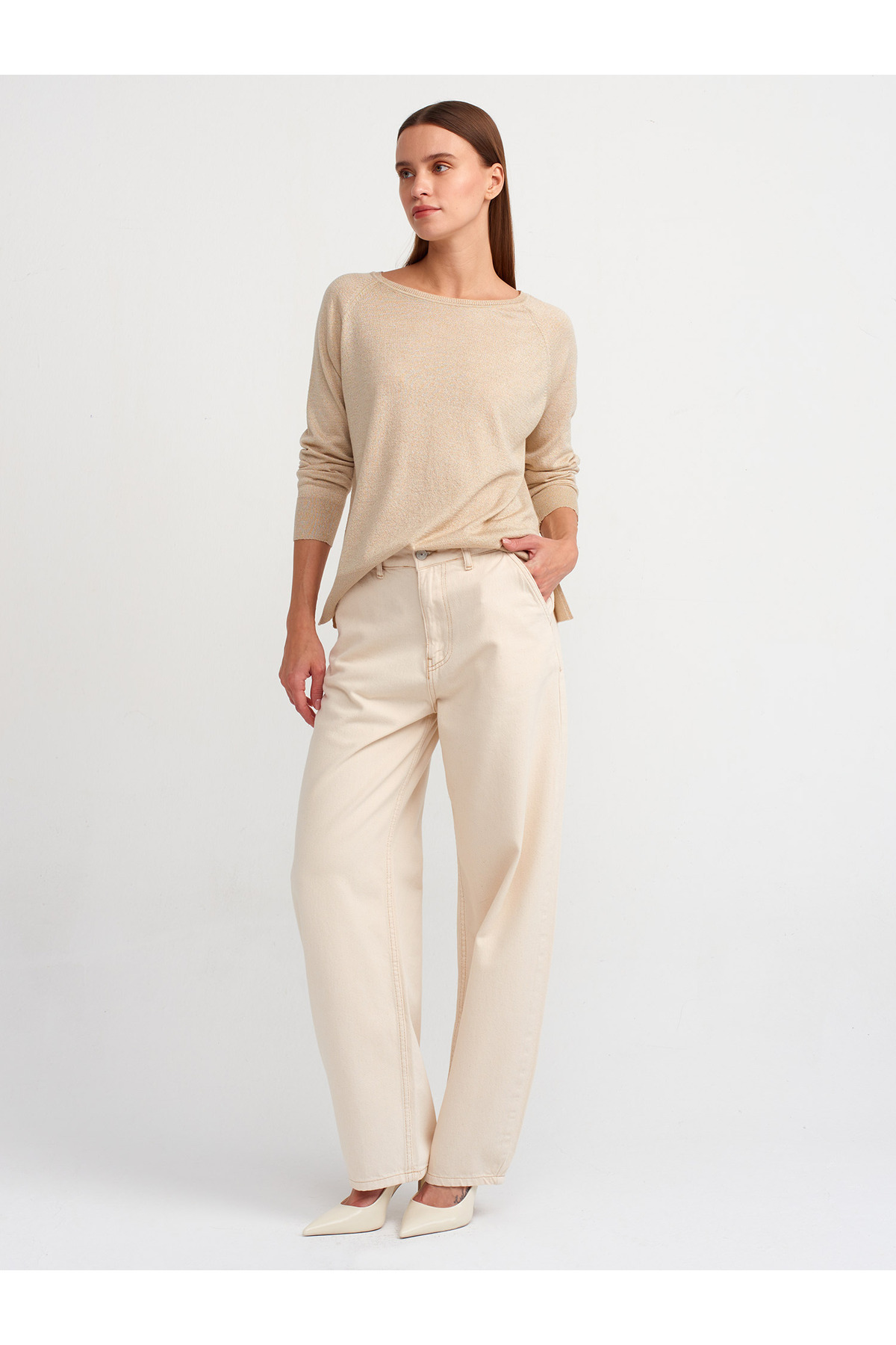 Dilvin 10557 Bisiklet Yaka Simli Basic Ince Triko Kazak-bej Fiyatı ...