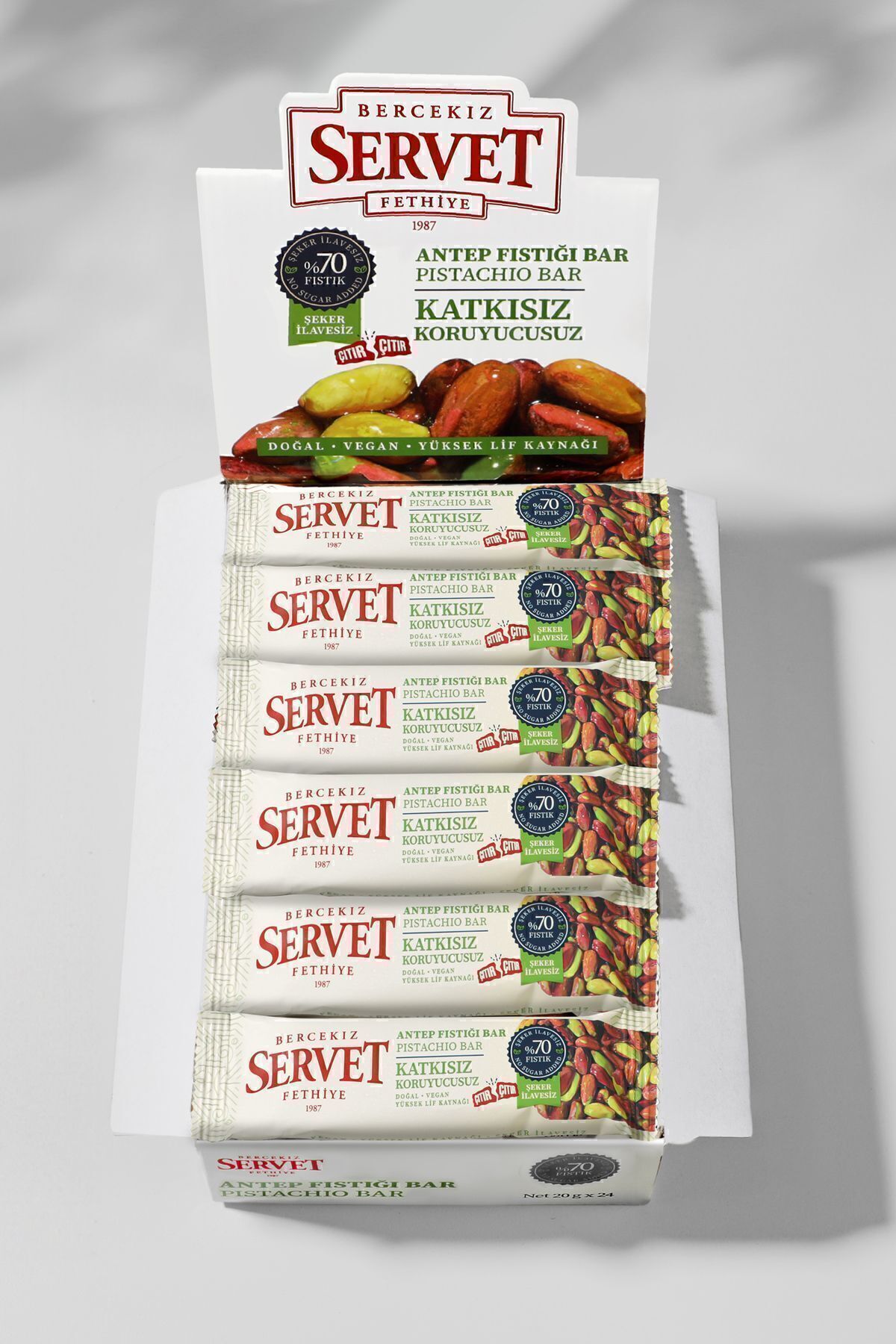BERCEKIZ SERVET ŞEKERLEME Şeker İlavesiz Antep Fıstığı Krokan Bar 480 gr (24 x 20 gr) - 24 lü ...