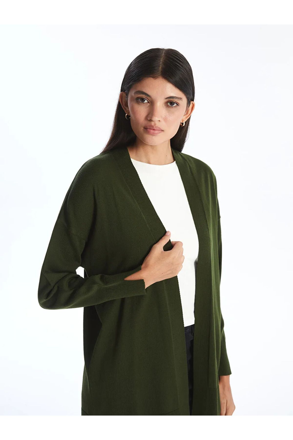 LC Waikiki LCW Modest Haki Şal Yaka Düz Uzun Kollu Kadın Triko Hırka ...