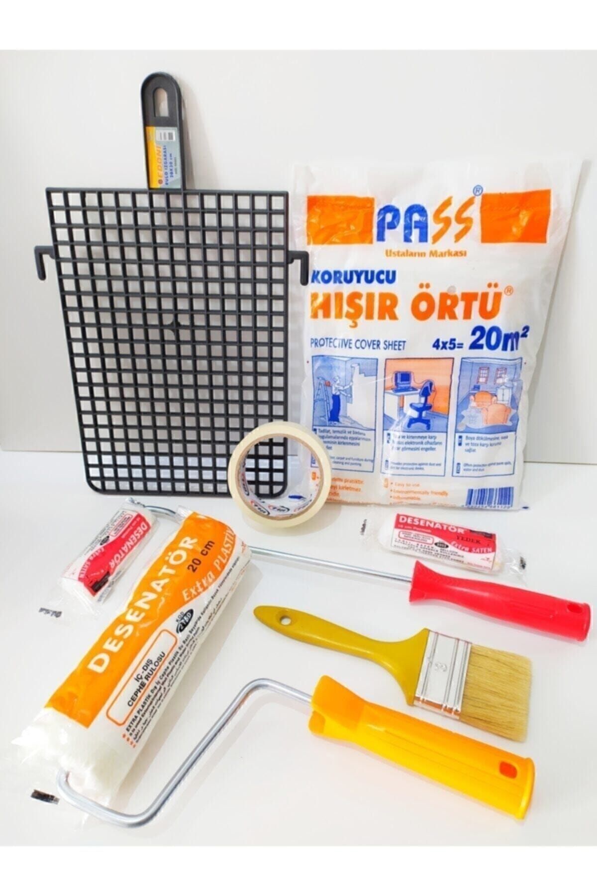PASS 7 Parça Boyacı Seti (Rulo, örtü, fırça, parmak rulo, kağıt bant ...